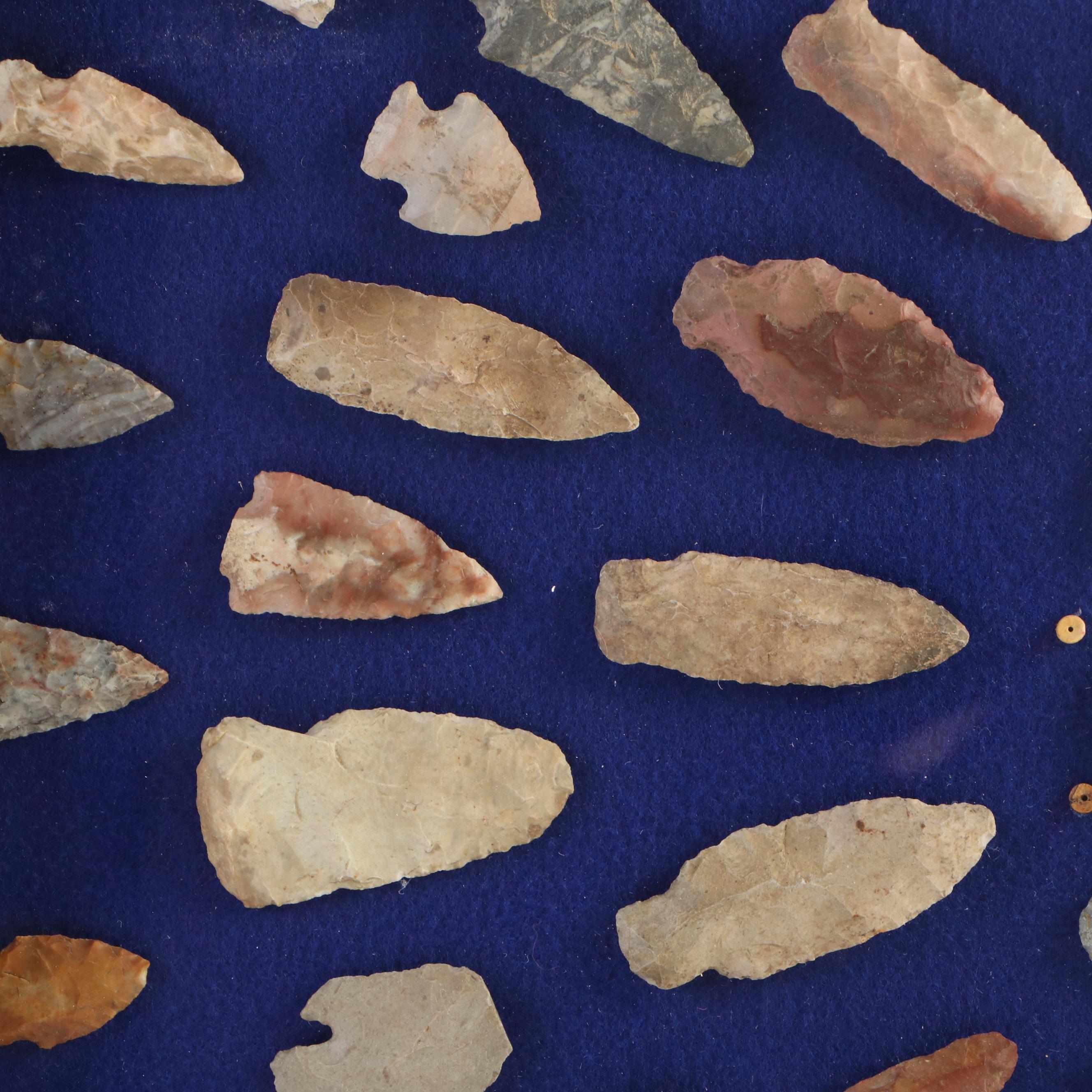 Knapped Flint and Stone Projectile Points in Display Case | EBTH