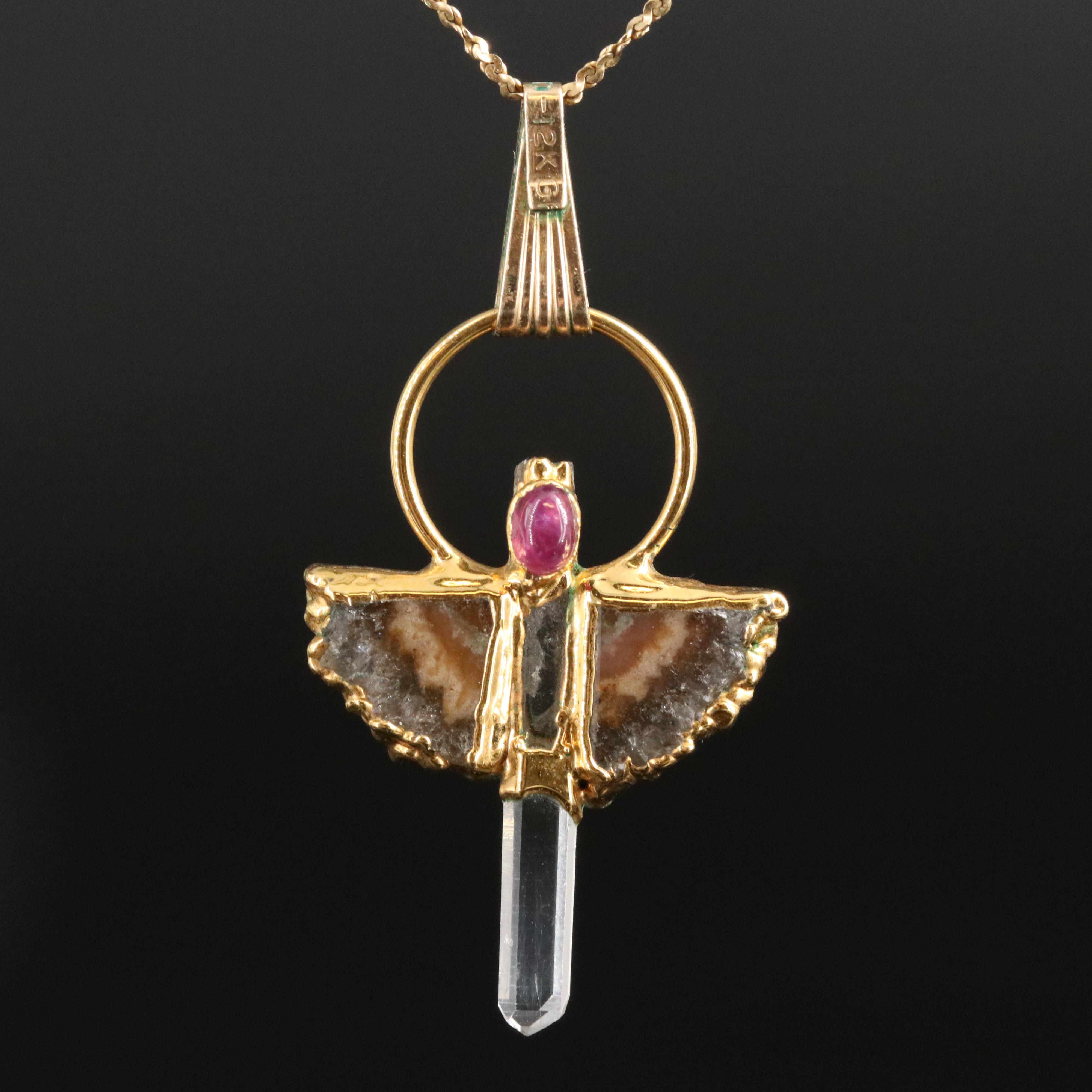 14K Serpentine Chain with Gold-Filled Ruby, Agate and Rock Crystal Pendant | EBTH