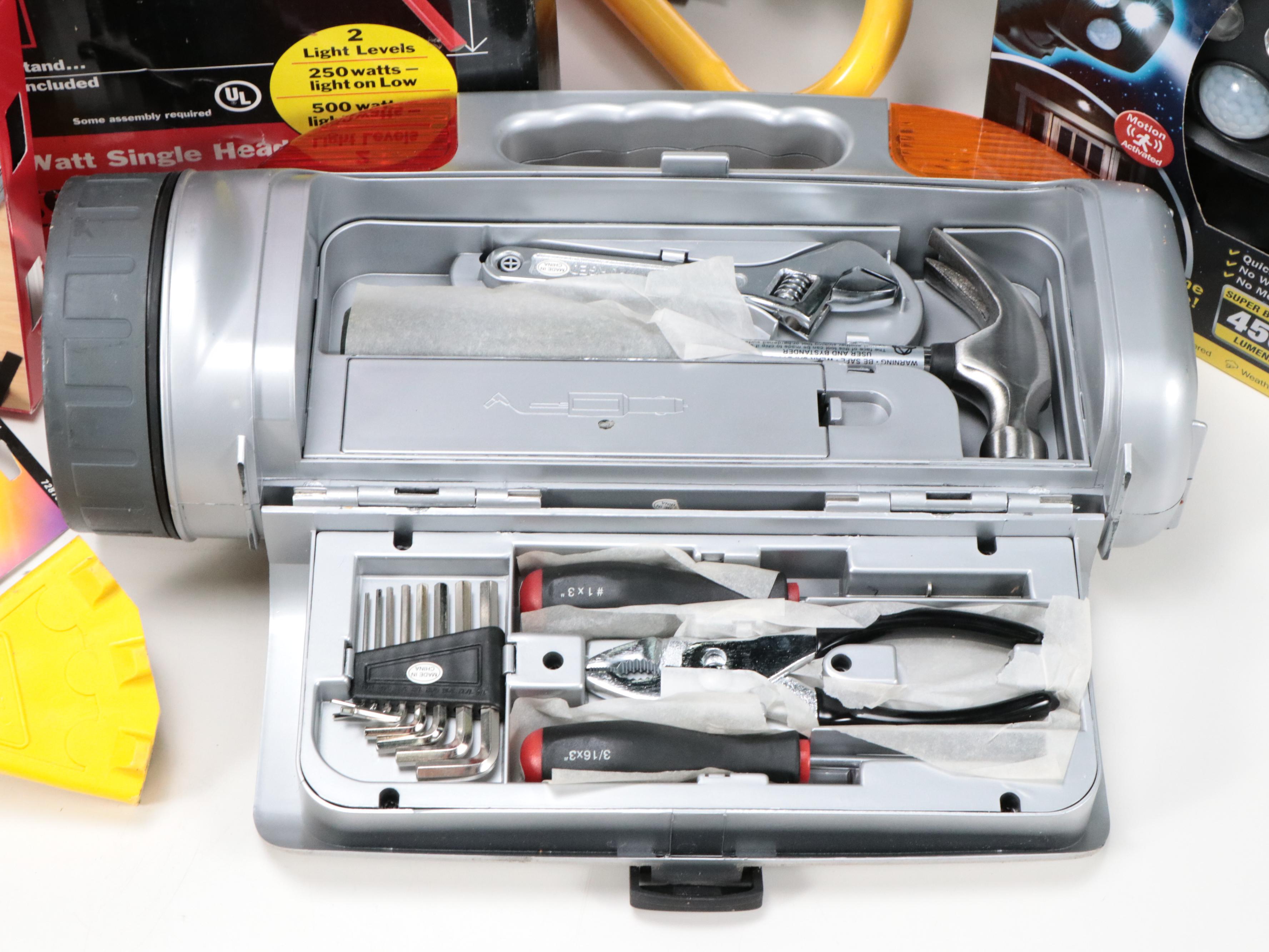 Workshop Lights with Night Hawk Security Light and Combo Flashlight and ...