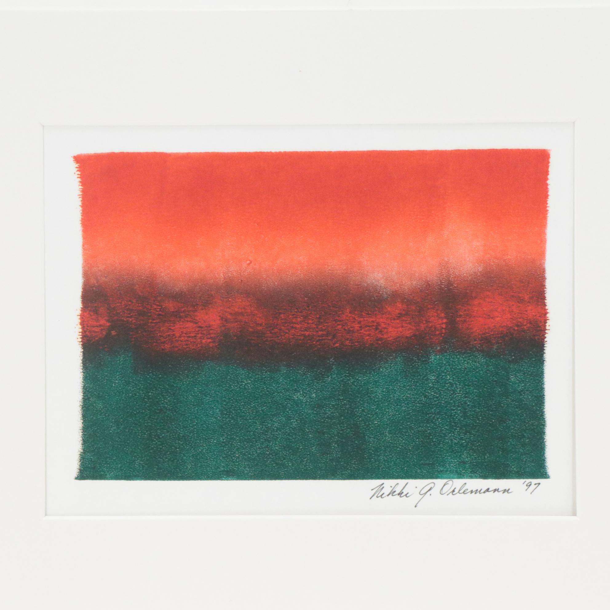 Nikki G. Orlemann Abstract Brayer Acrylic Painting "Red at Night," 1997 ...