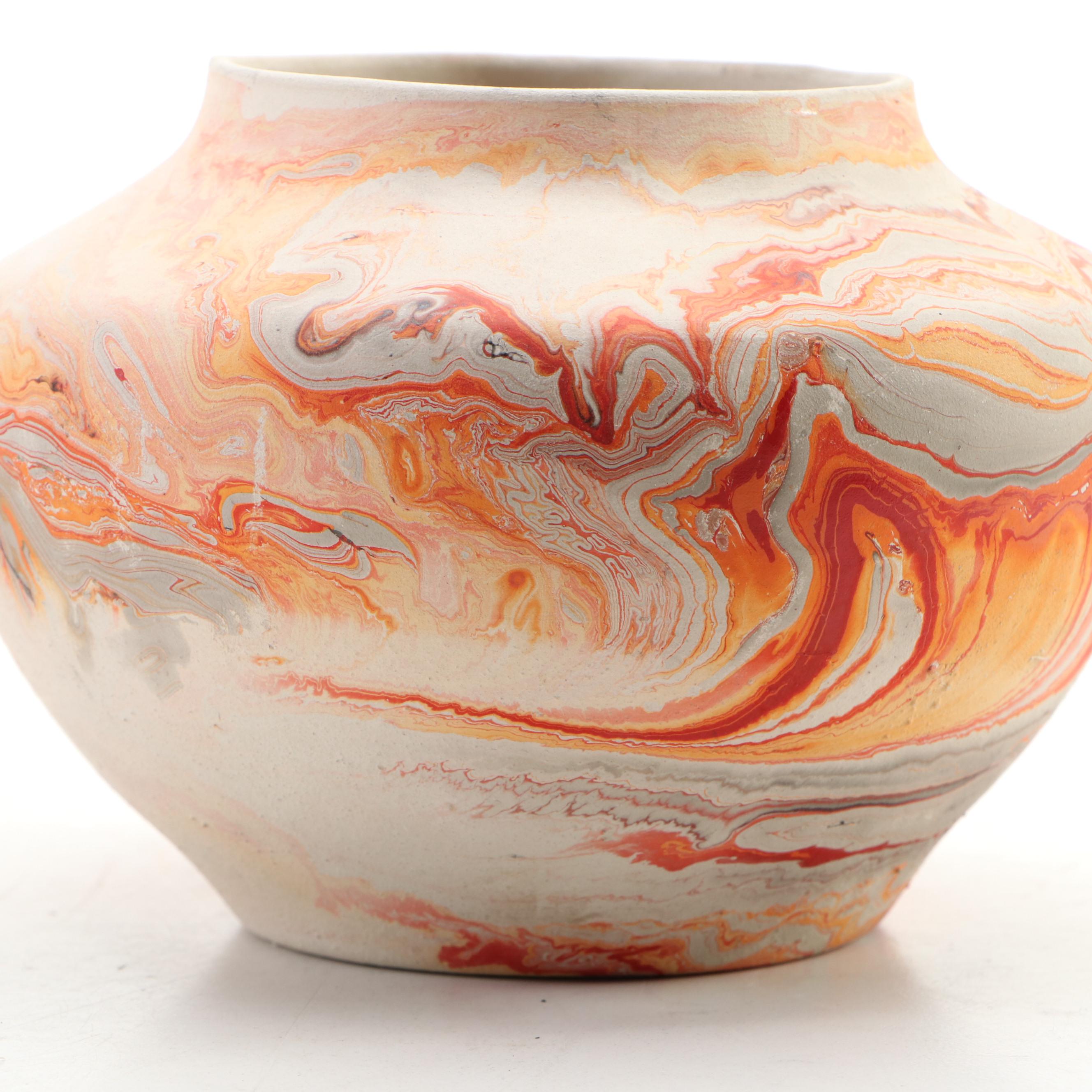 American Made Nemadji Pottery Orange Marbled Clay Vases | EBTH