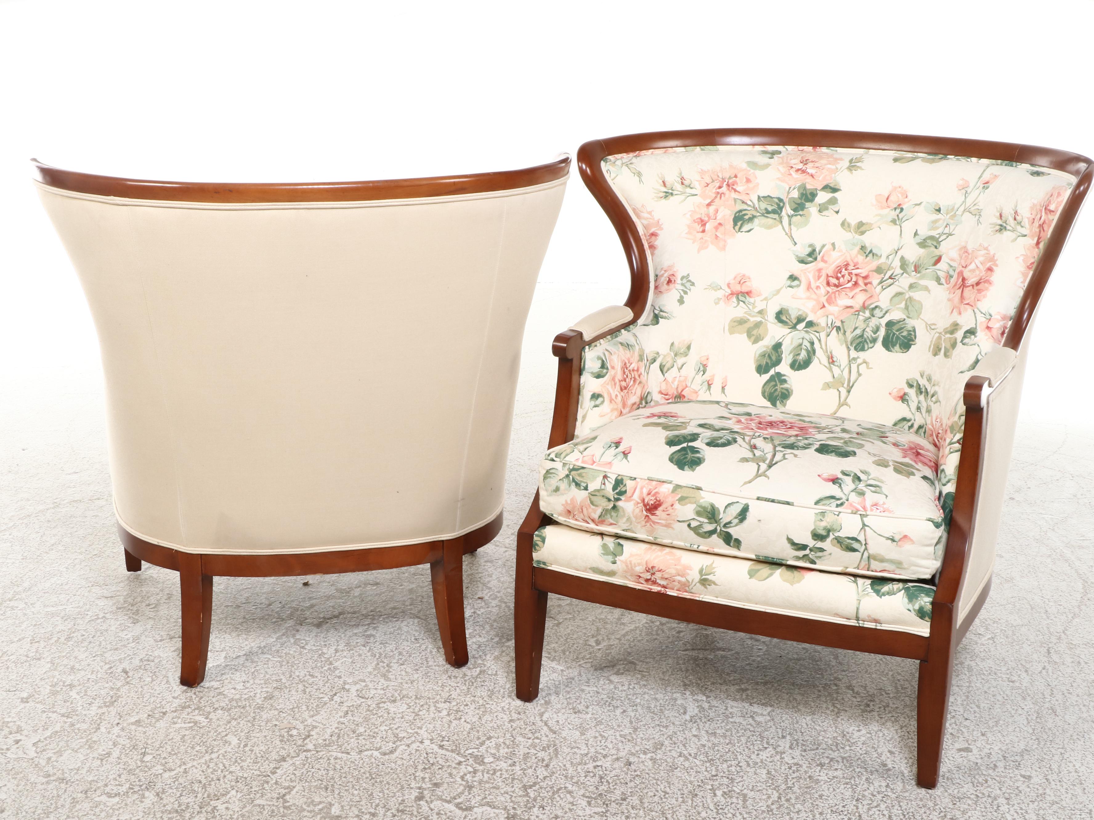 Pair of Baker Furniture Beech and Custom-Upholstered Wingback Armchairs ...