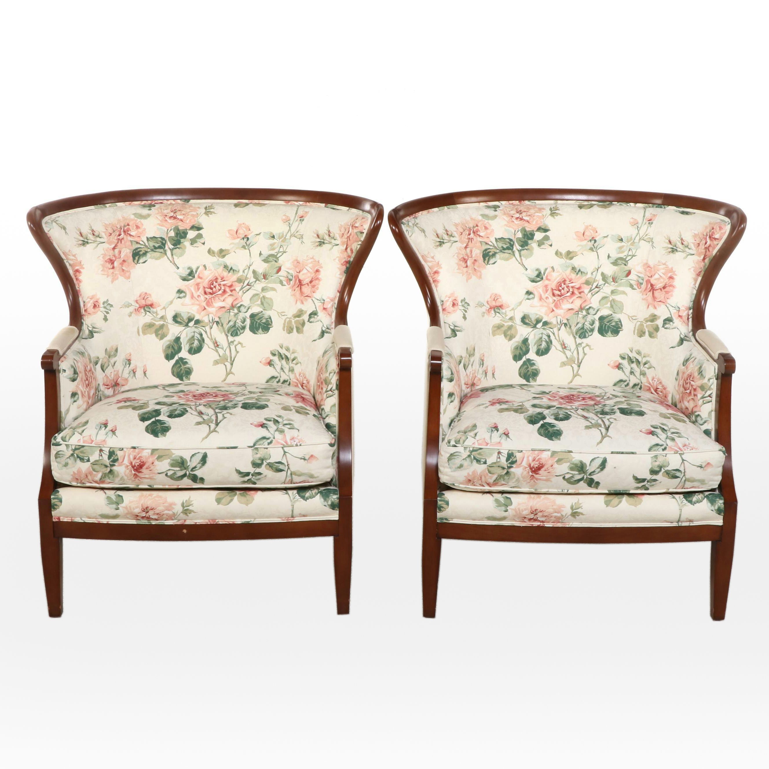 Pair of Baker Furniture Beech and Custom-Upholstered Wingback Armchairs ...