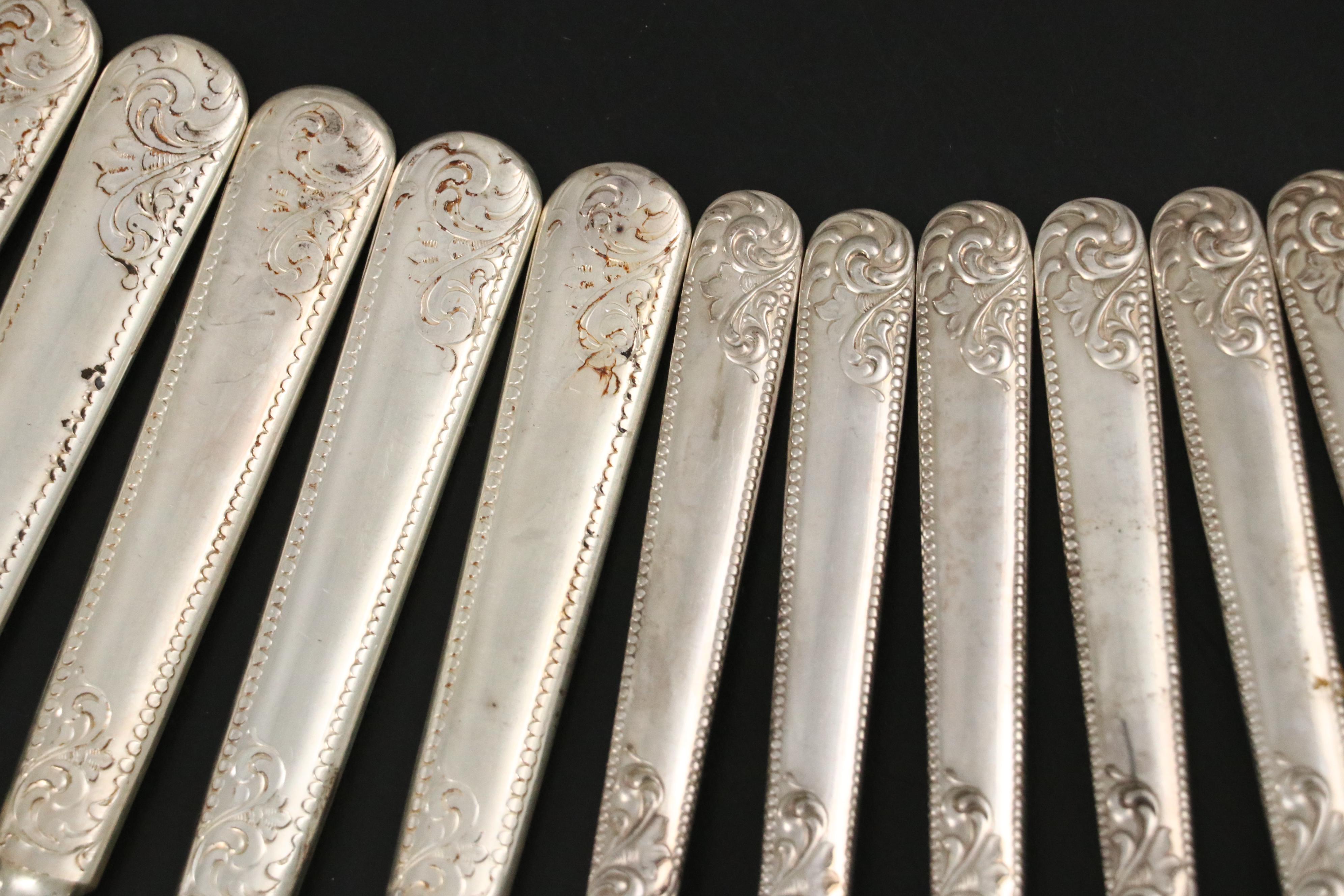 Bead and Foliate Edge Silver Plate Knives and Forks, Mid to Late 19th C ...