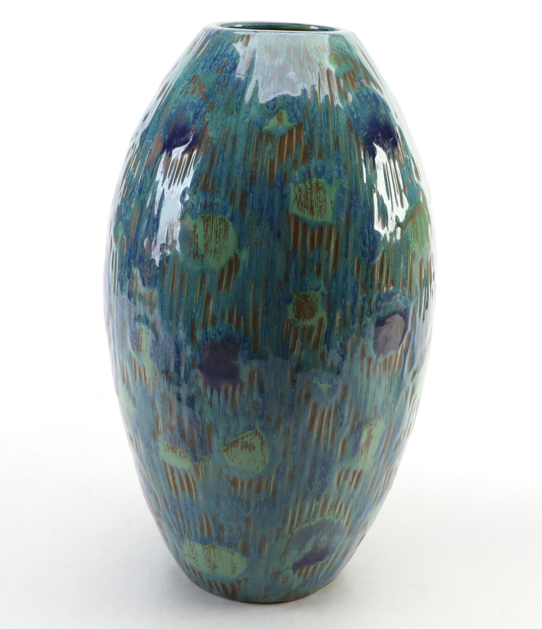 Drip-Glazed Textured Blue and Green Art Pottery Vase | EBTH