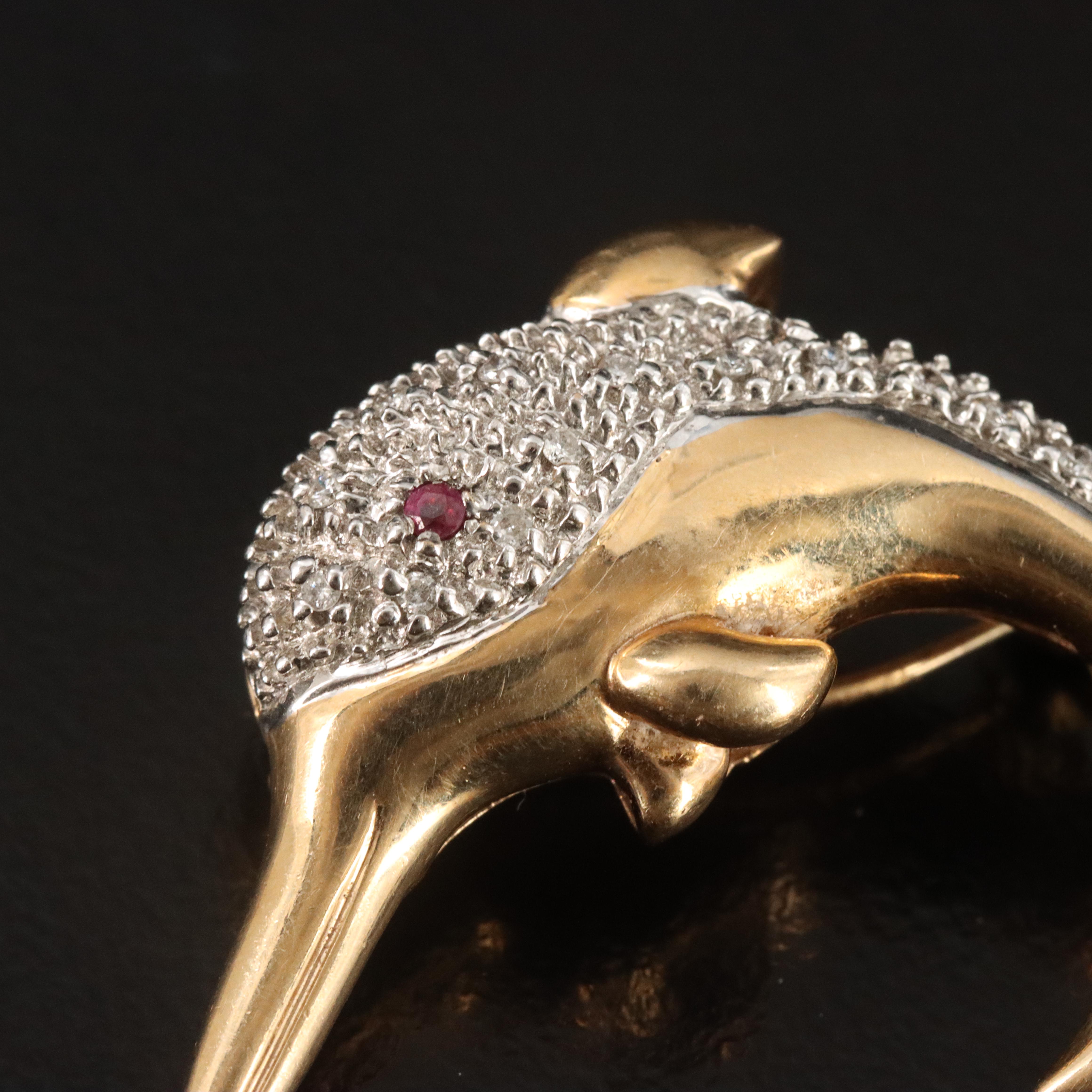 14K Two-Tone Diamond Dolphin Brooch with Ruby Eye | EBTH