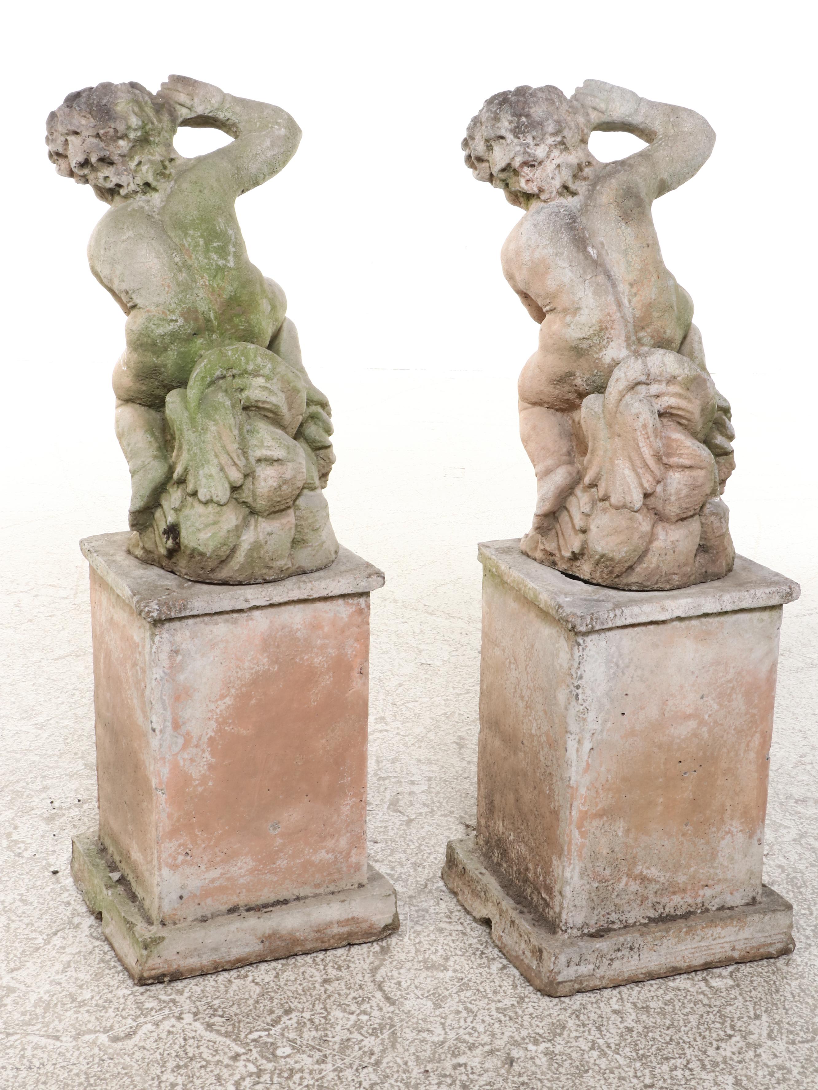 Pair of Neoclassical Style Cast Concrete Putti Riding Dolphin Garden ...