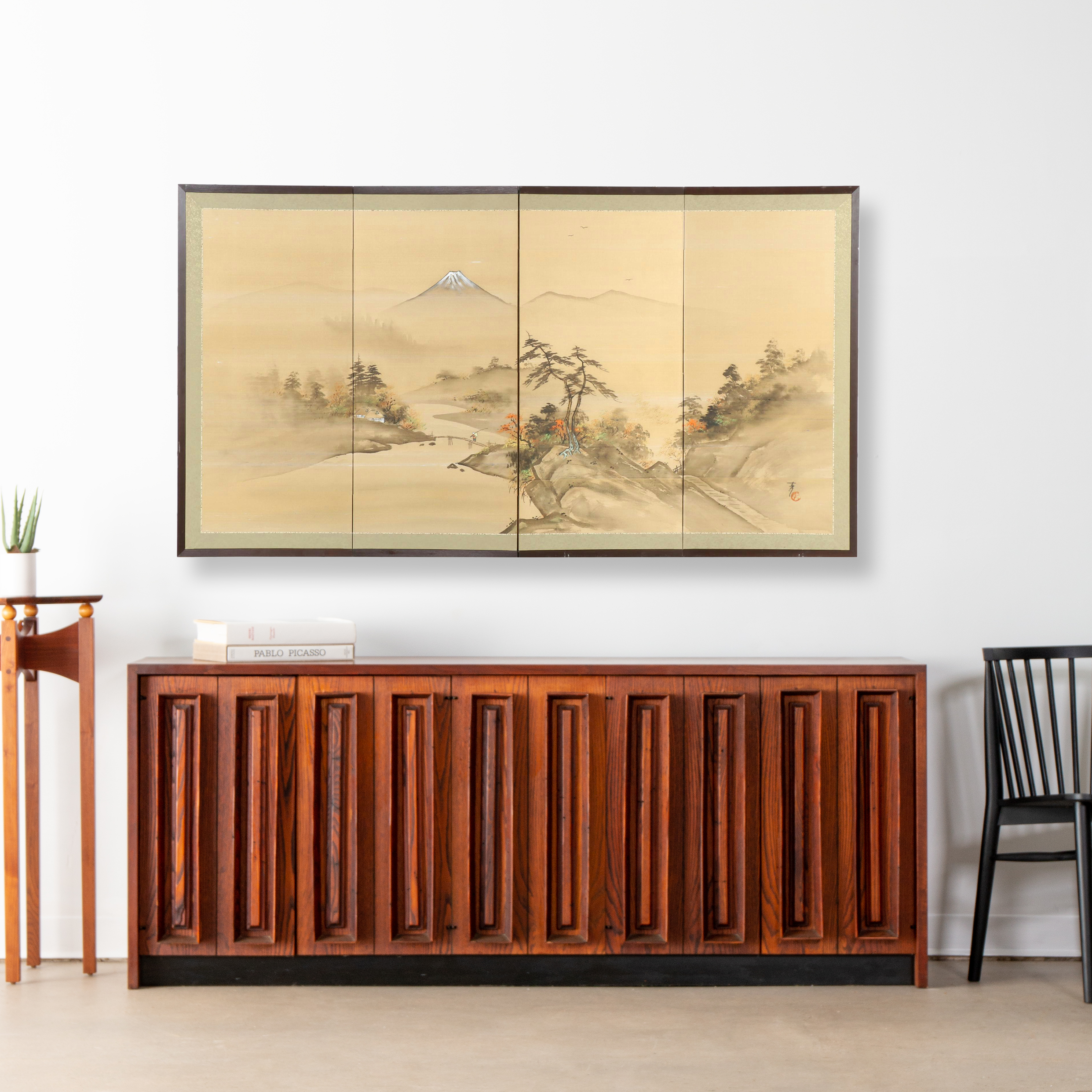 Japanese Ink and Watercolor Landscape Folding Screen Painting | EBTH