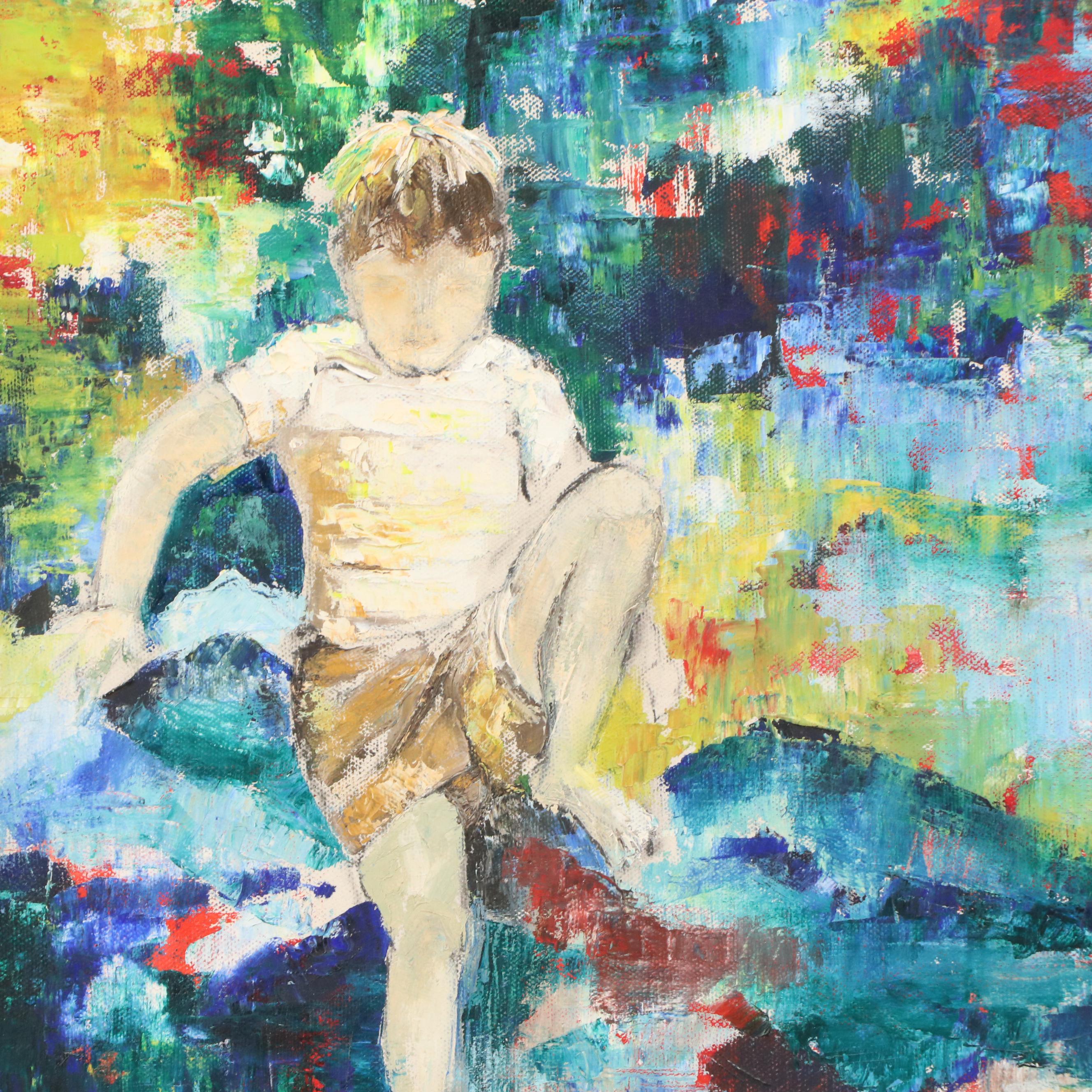 Edith Green Abstracted Oil Painting with Child Figures, 20th Century | EBTH