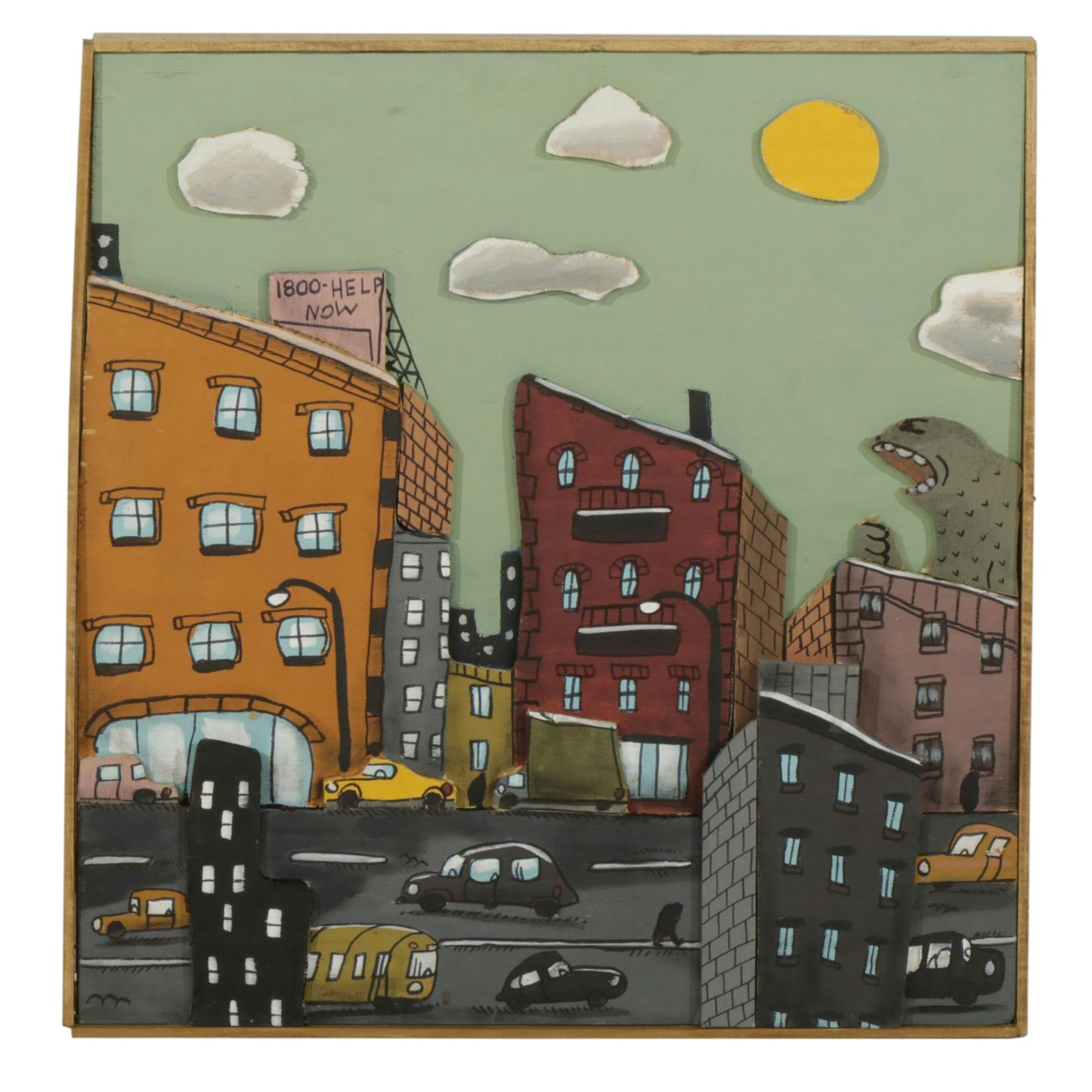 Aaron Wooten Dimensional Cityscape Acrylic Painting "Gorosaurus Attacks ...