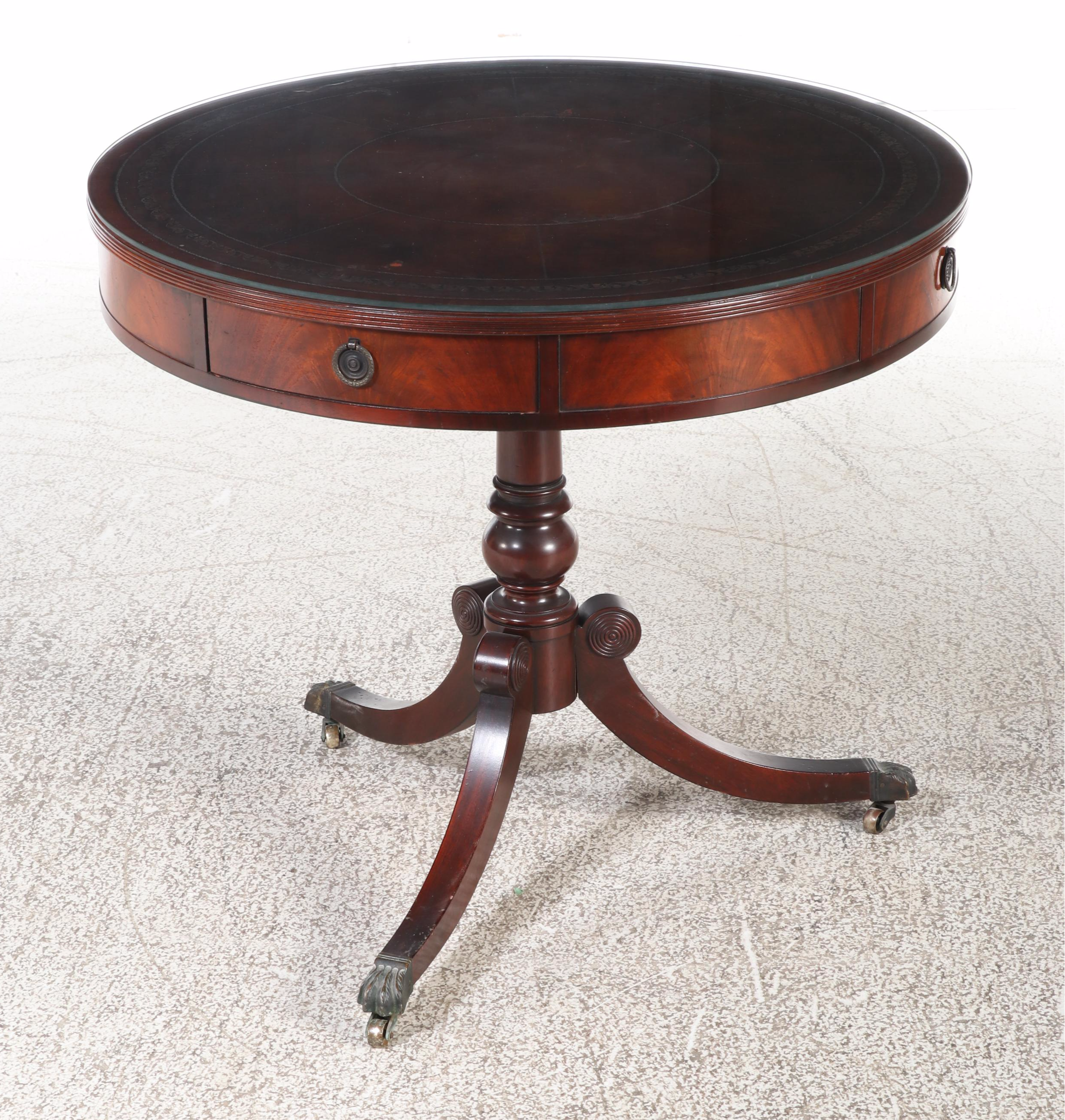 Duncan Phyfe Style Mahogany Drum Table with Tooled Leather Top | EBTH