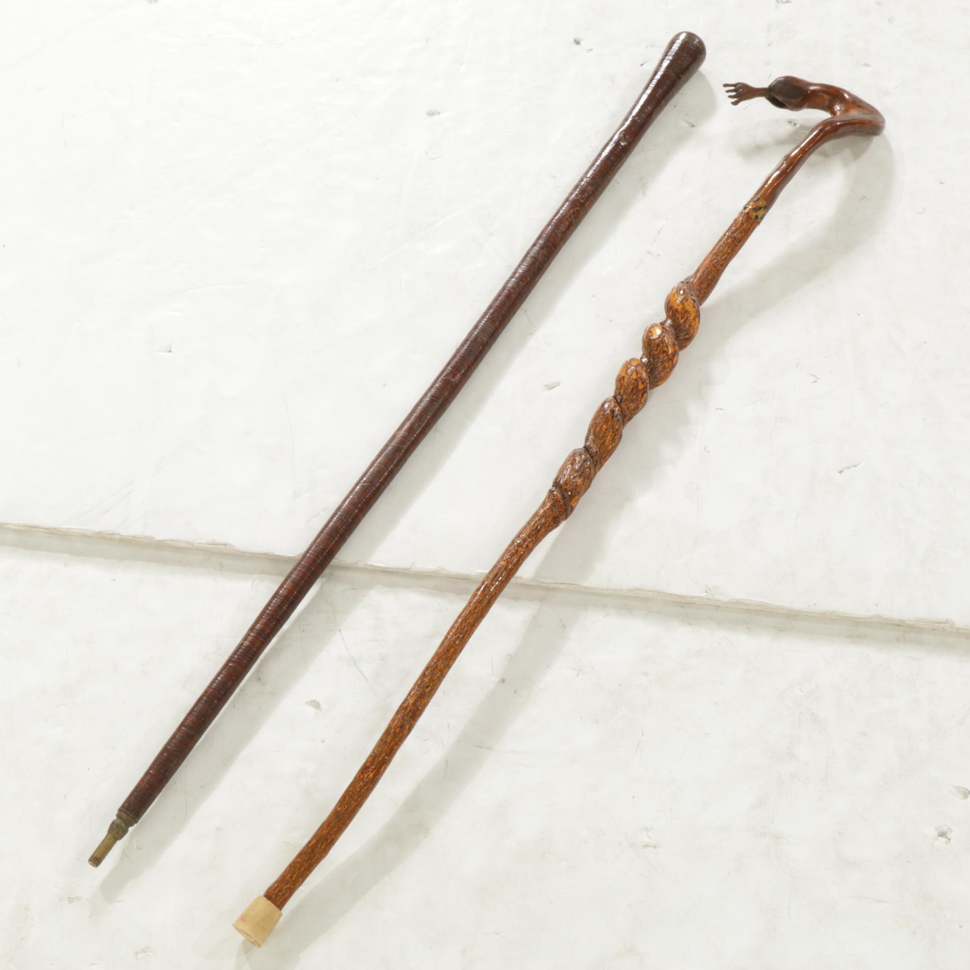 Hand-Carved Snake Handled Cane with Stacked Leather Disk Walking Stick | EBTH