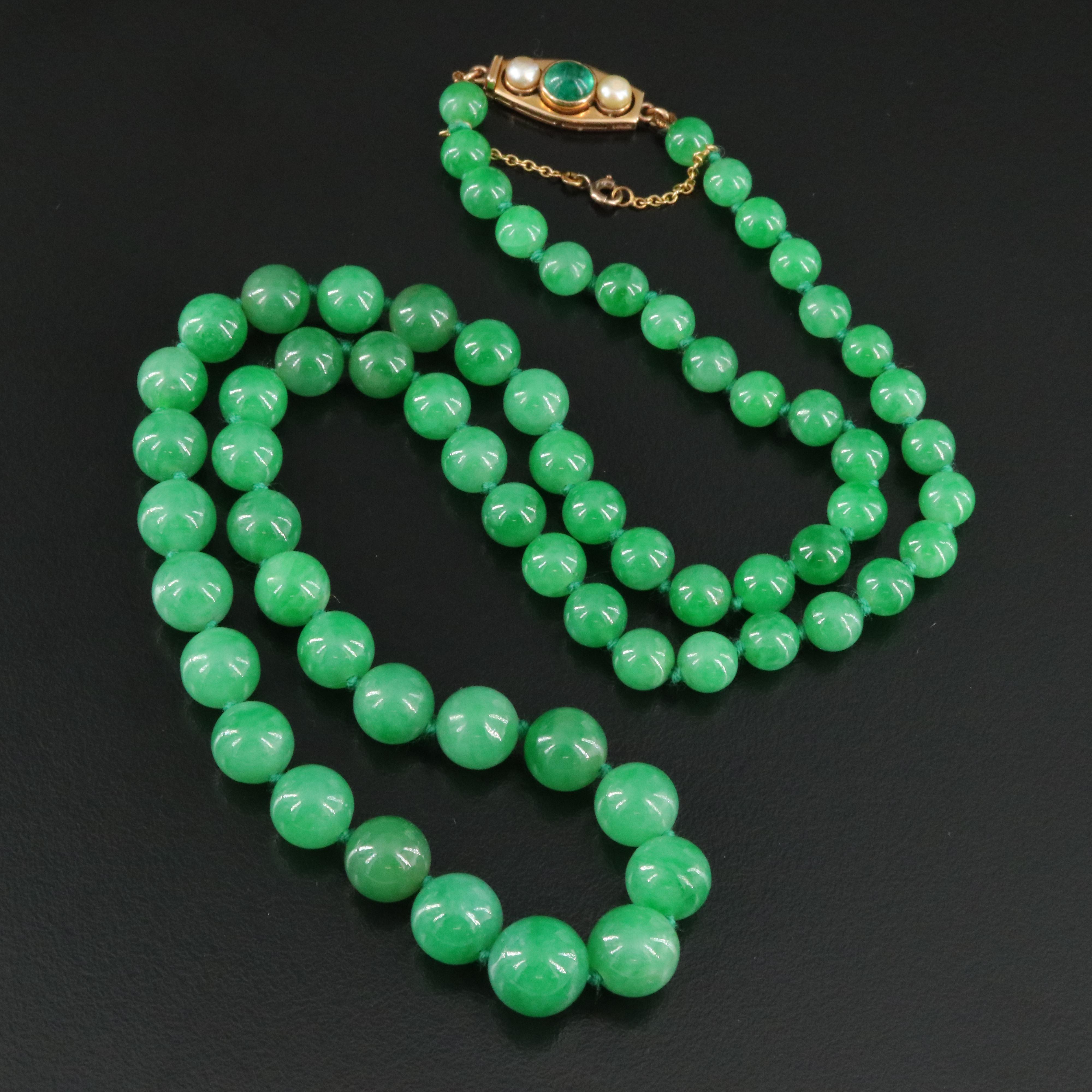Vintage/Antique Chinese Jadeite Bead Necklace with 18K Emerald and ...