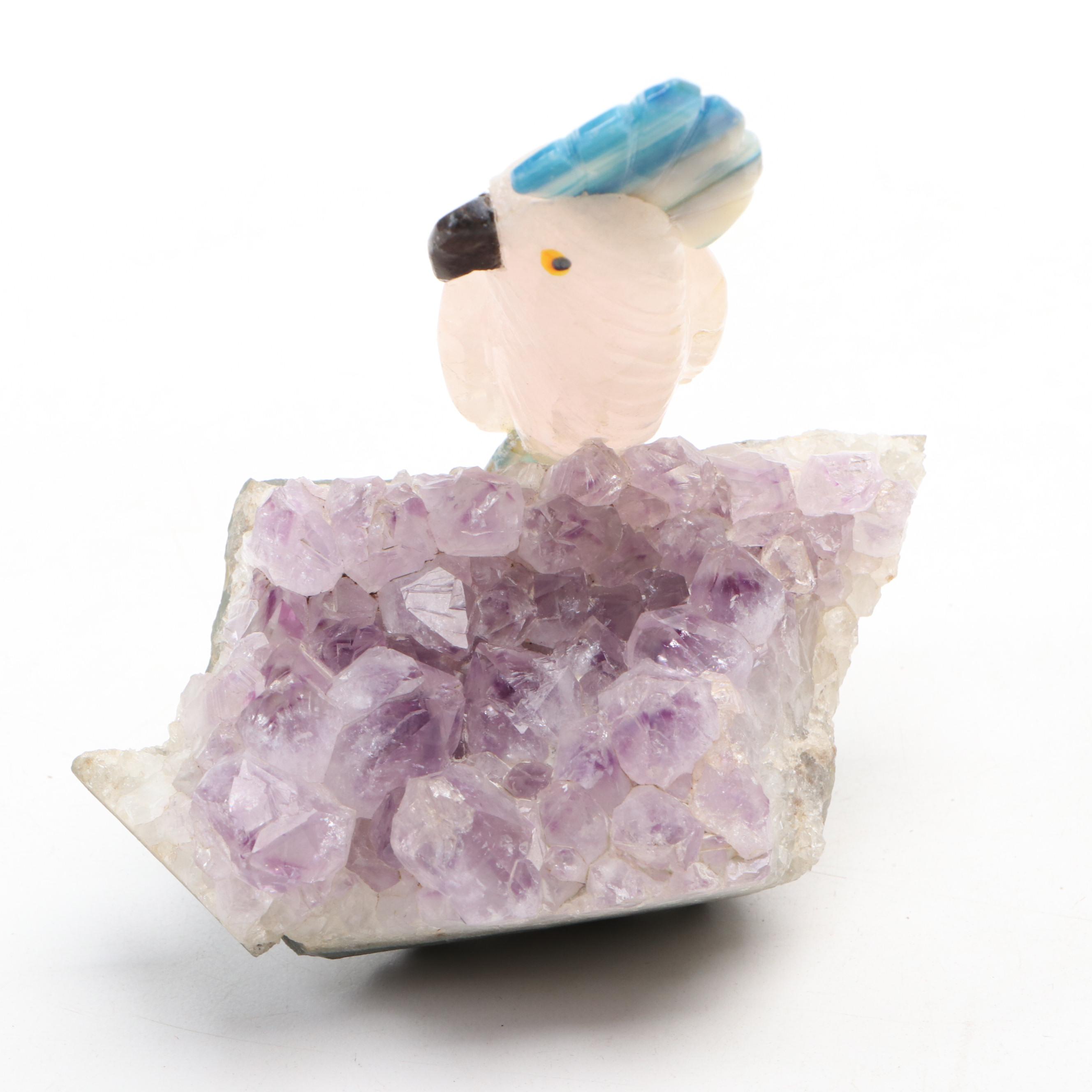 Dyed Calcite and Stone Parrot with Amethyst Geode Fragment | EBTH