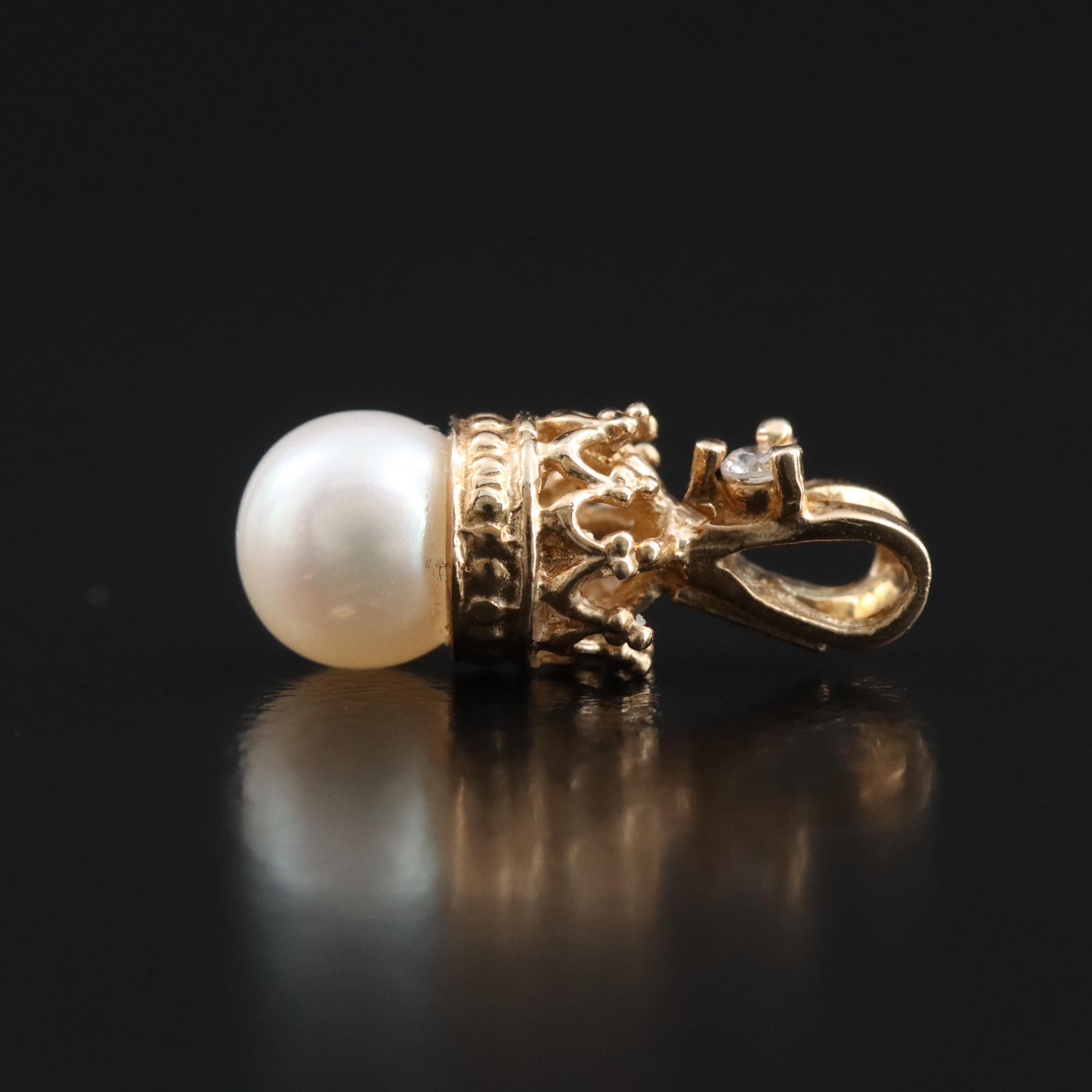 John C Rinker 10K Crowned Pearl and Diamond Pendant | EBTH