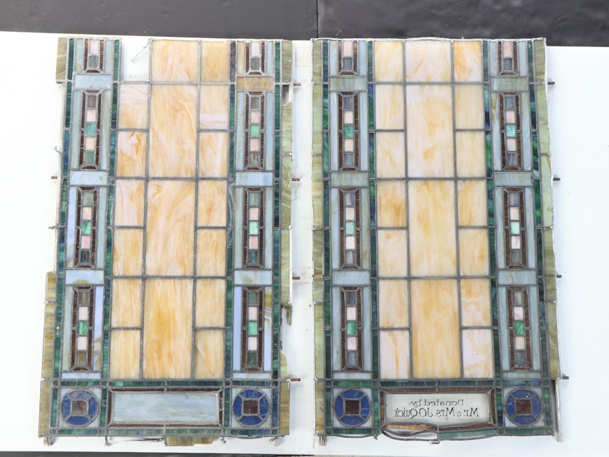 Arts And Crafts Style Slag Glass And Stained Glass Window Panels Ebth