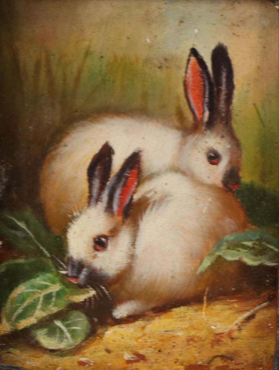 Miniature Oil Painting of Rabbits, 20th Century | EBTH