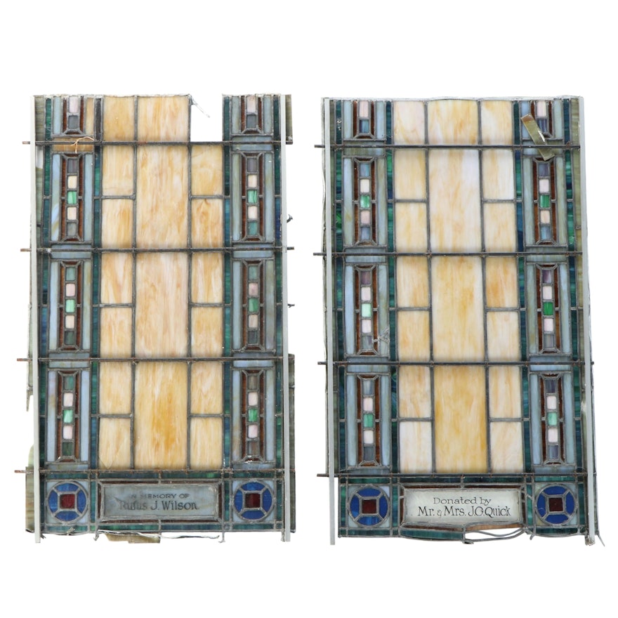 Arts And Crafts Style Slag Glass And Stained Glass Window Panels Ebth