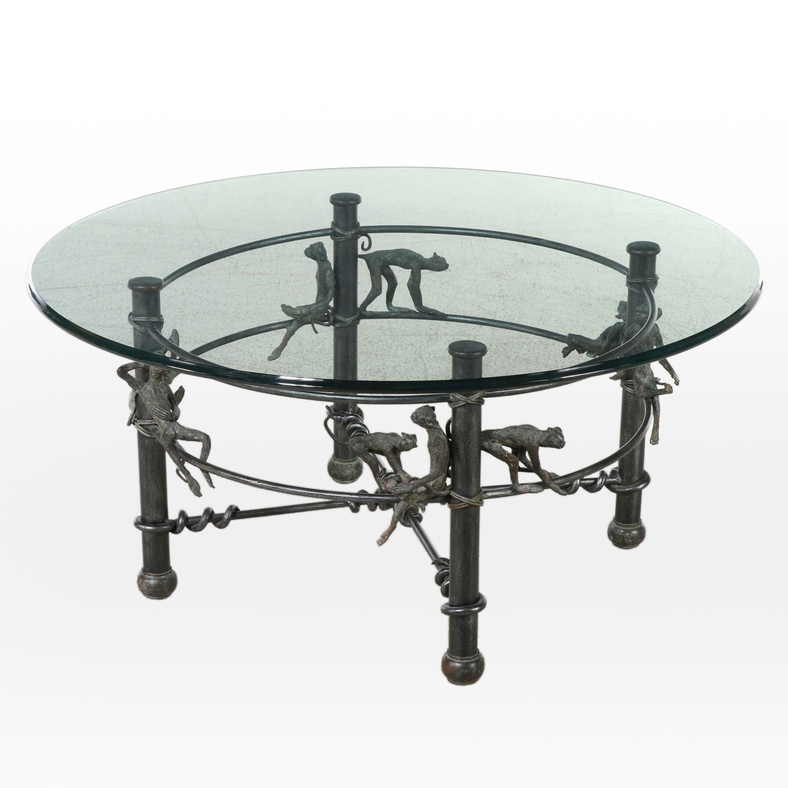 Maitland-Smith Patinated Iron, Bronze, and Glass Top Monkey Coffee Table | EBTH