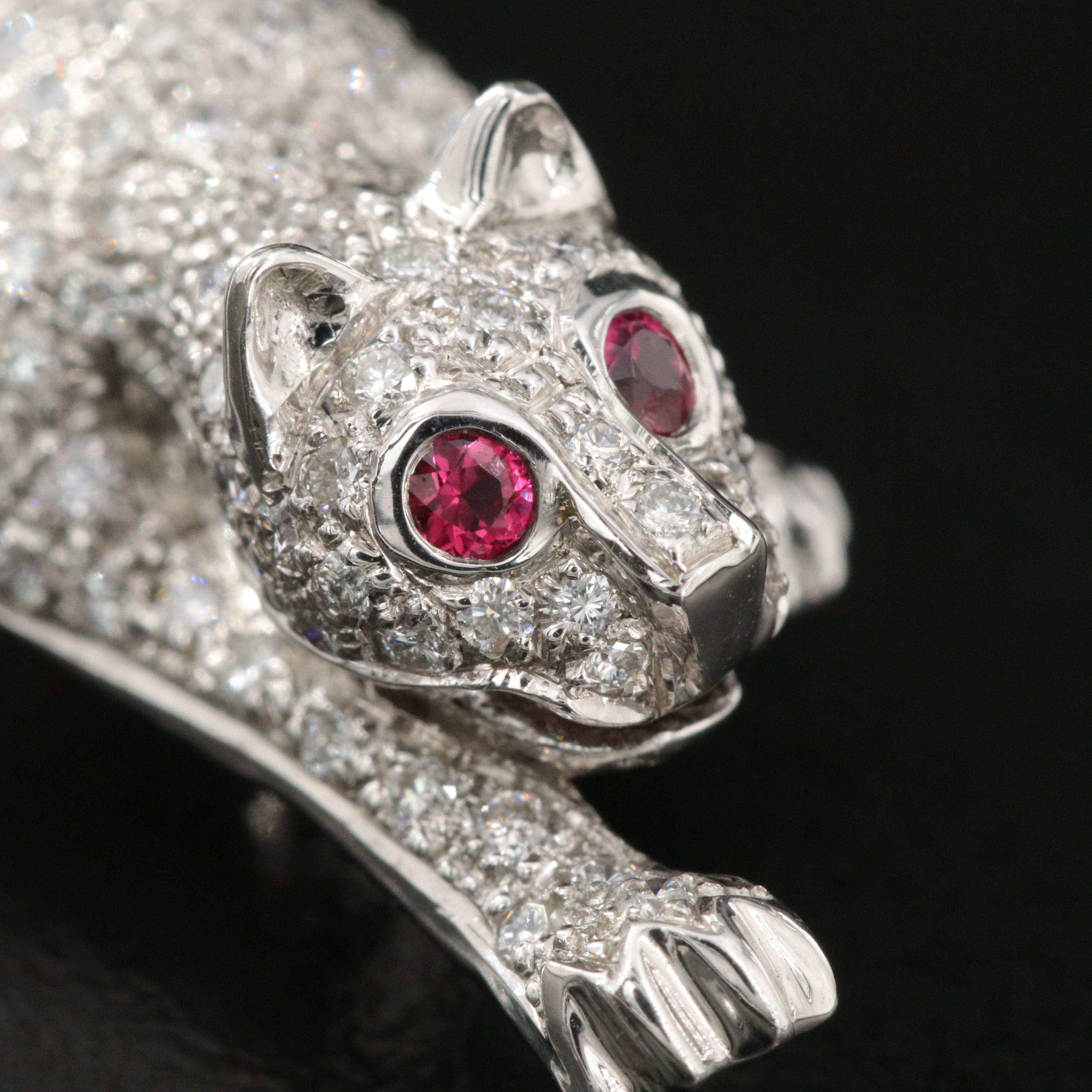 14K 1.55 CTW Pavé Diamond and Ruby Panther Brooch | EBTH