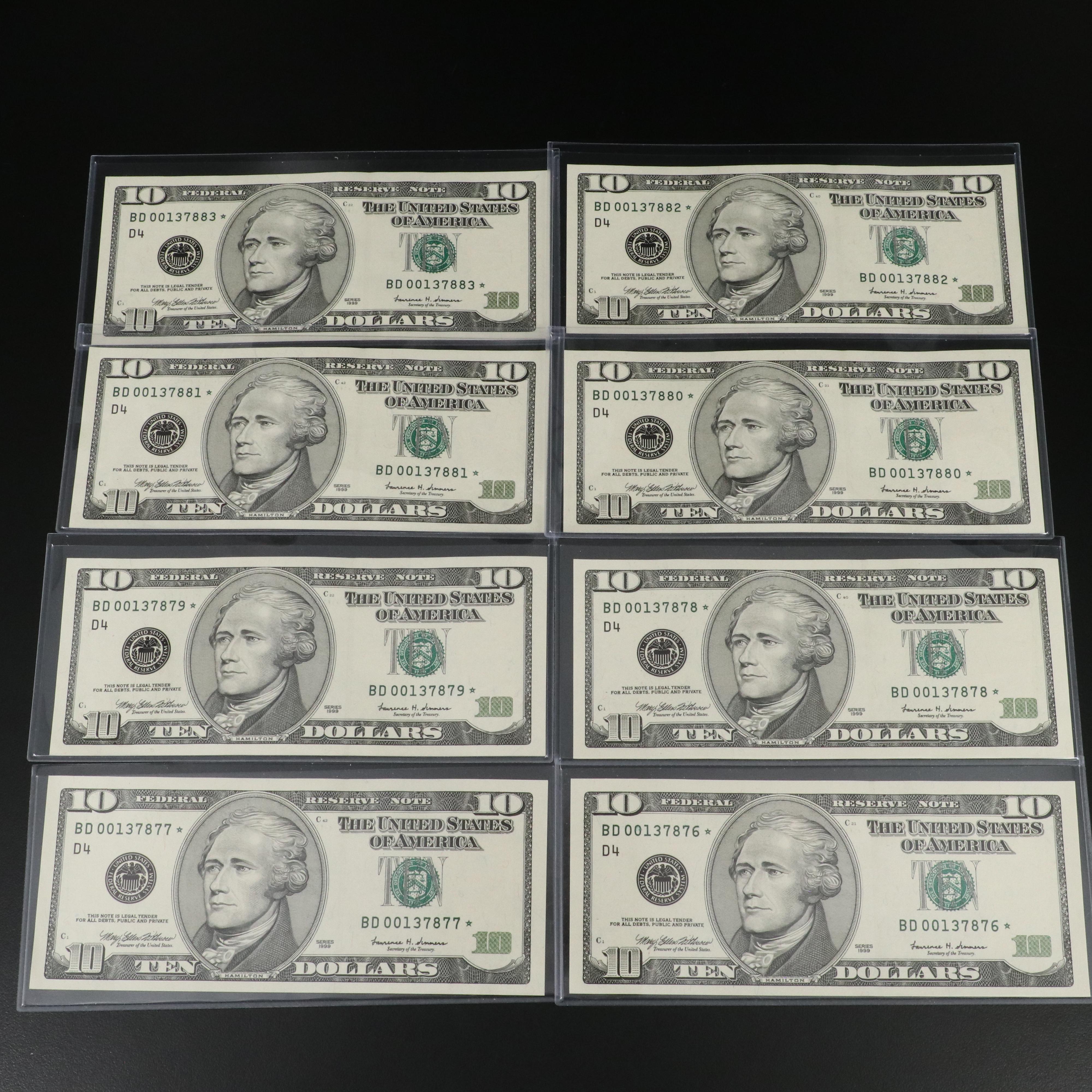 Eight Consecutively Numbered Series 1999 $10 Federal Reserve "Star ...