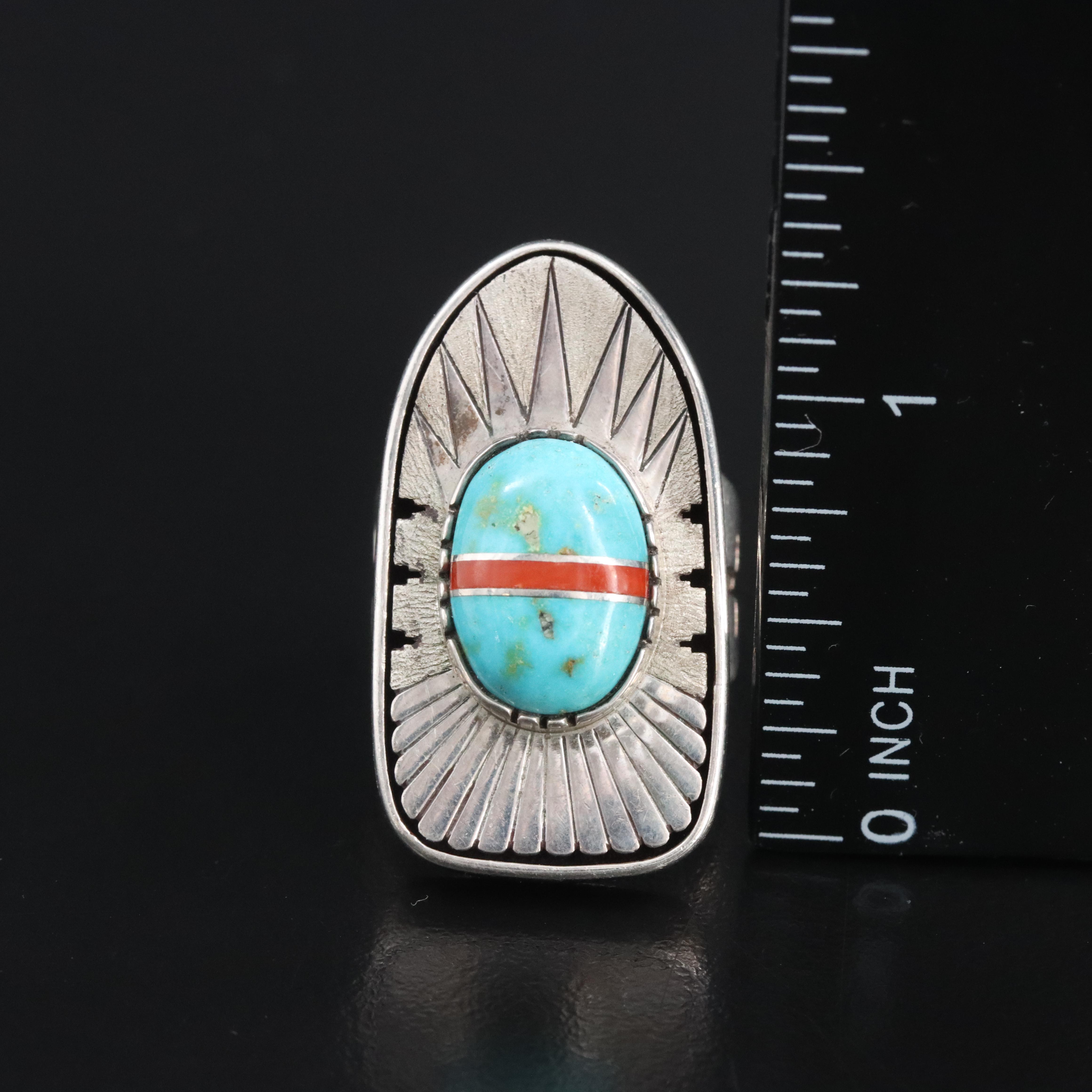 Sterling Leo Yazzie Navajo Dine Turquoise and Spiny Oyster Ring | EBTH