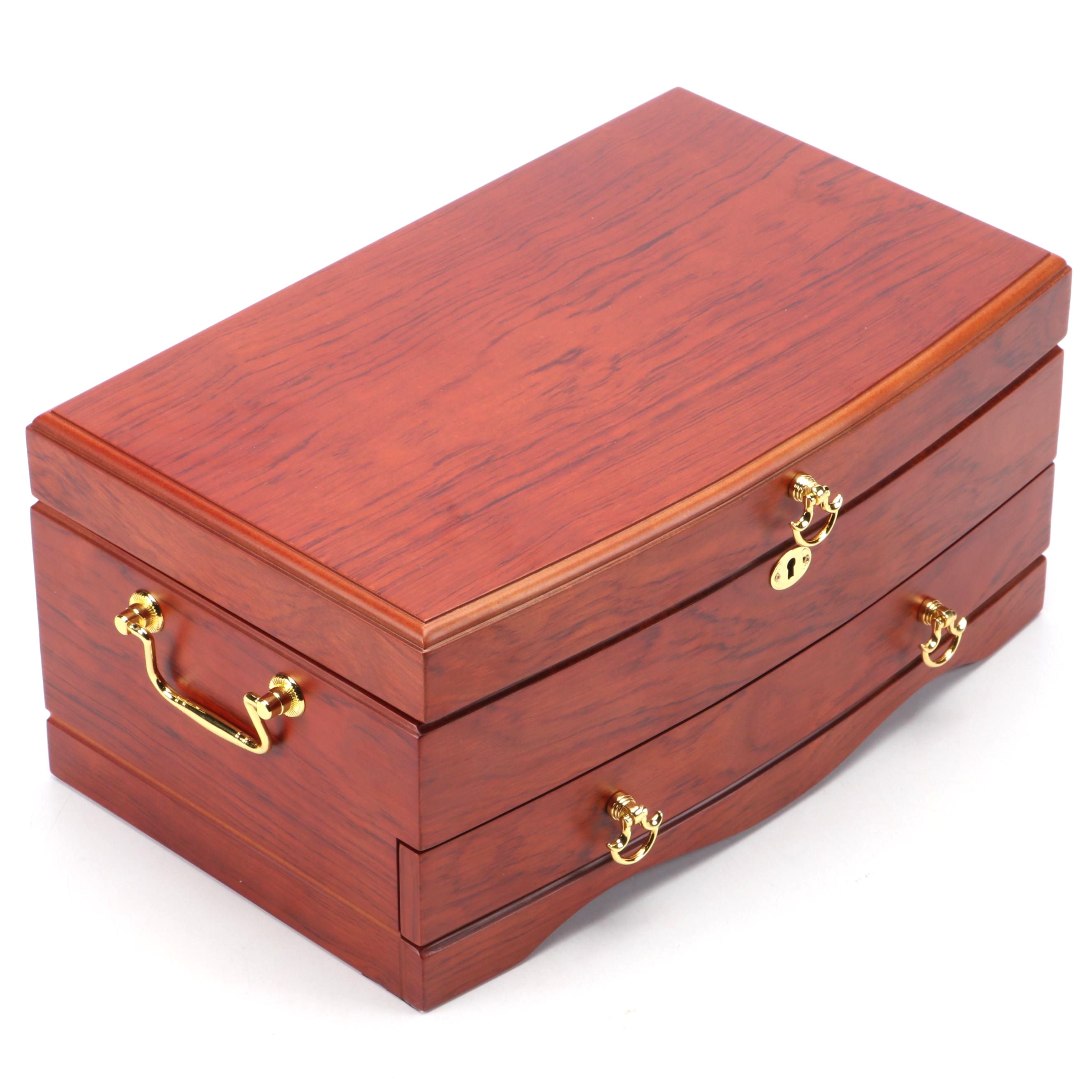 Jere Cherry Finish Wood Jewelry Box with Brass Handles | EBTH