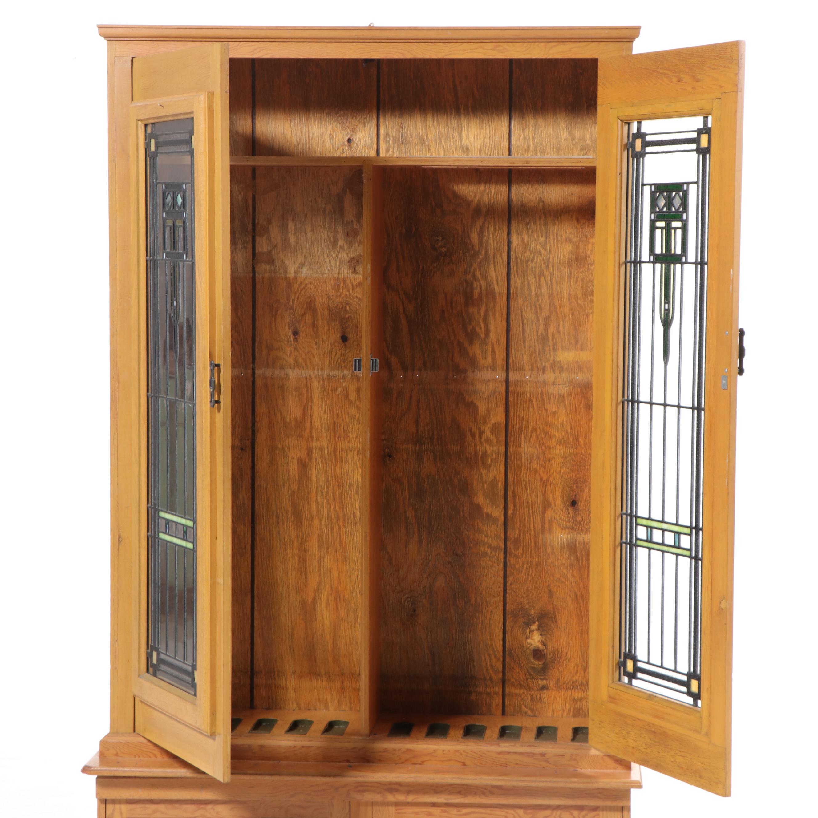 Arts and Crafts Style Oak Gun Cabinet w/ Leaded and Stained Glass ...