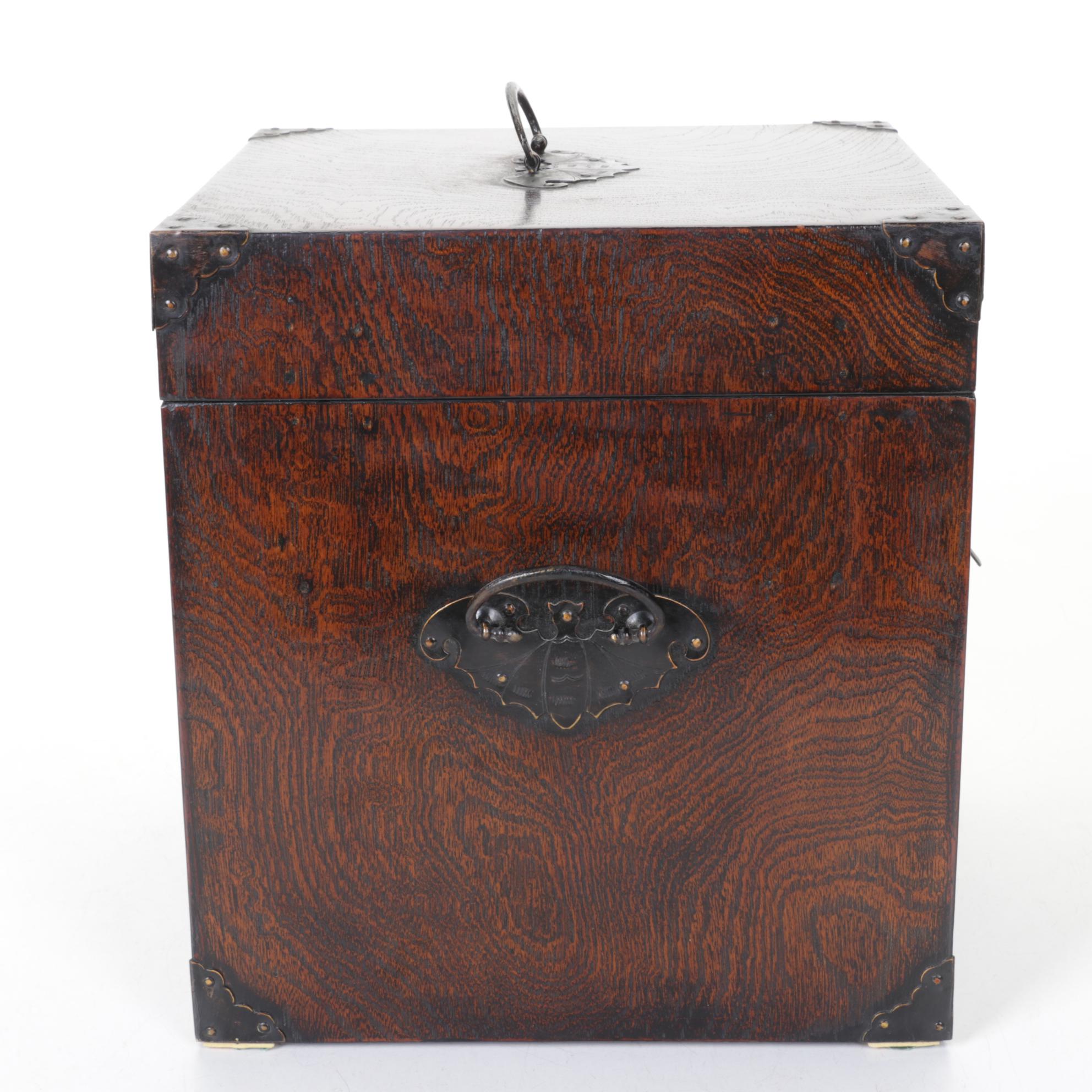 Chinese Wood Box with Bat Motif Hardware | EBTH