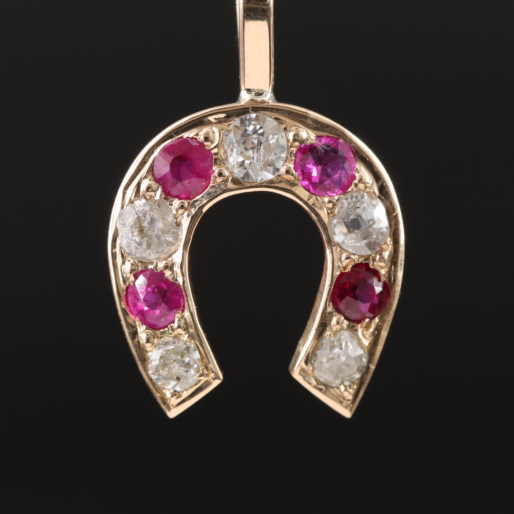 Vintage 18K Diamond and Ruby Horseshoe Pendant | EBTH
