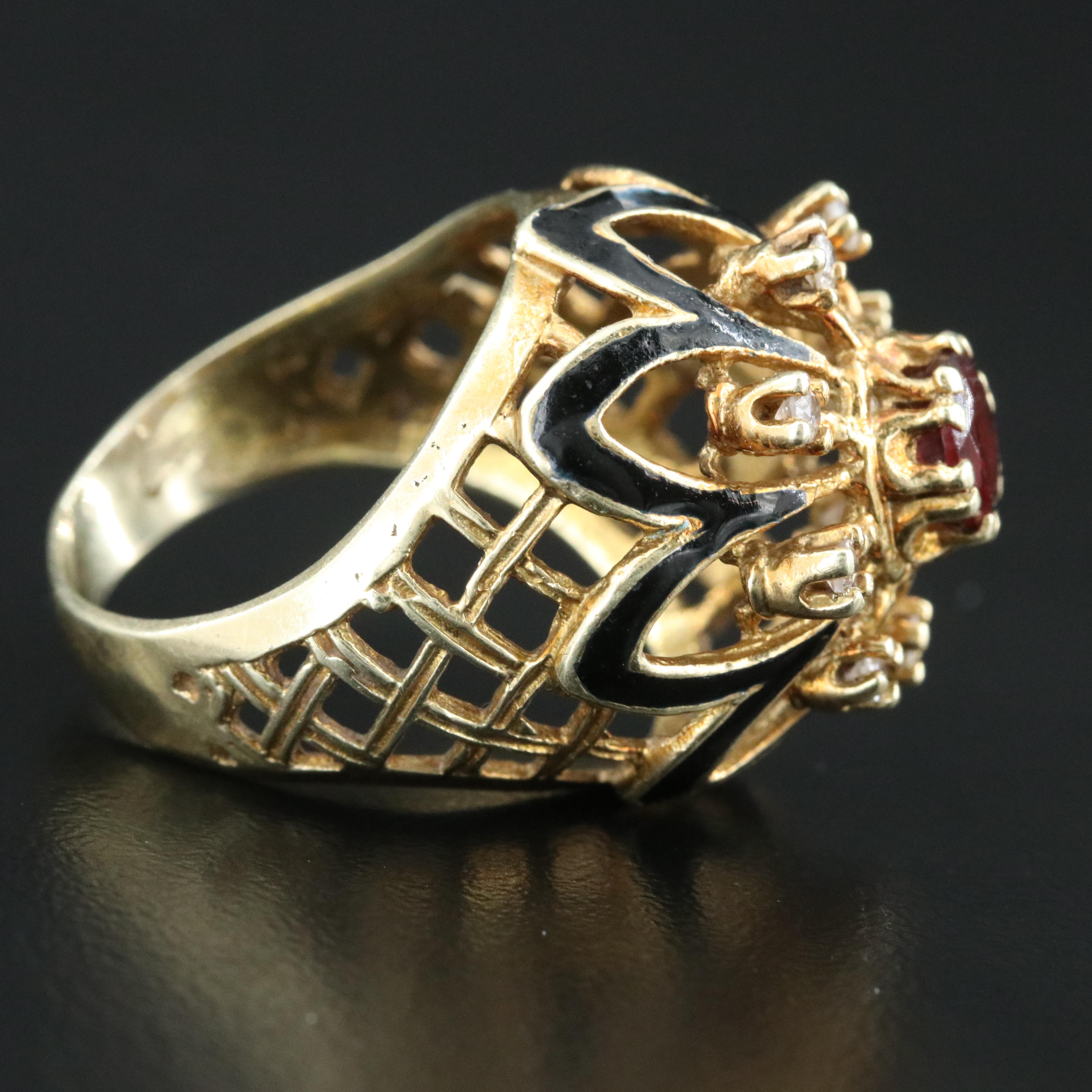 14K Ruby and Diamond Basket Weave Ring with Enamel Detail | EBTH