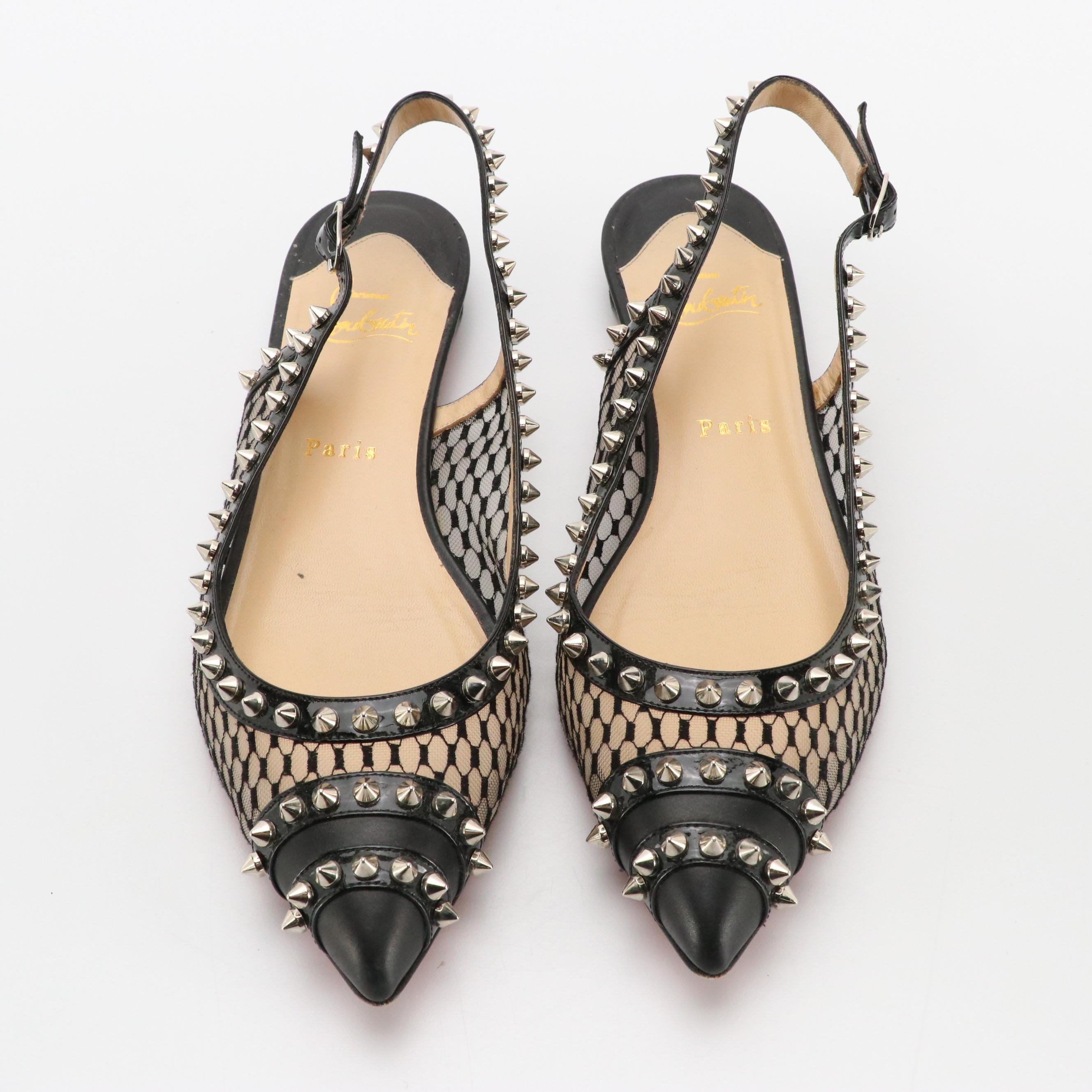 Christian Louboutin "Manovra" Black Spike-Studded Mesh Slingback Flats ...