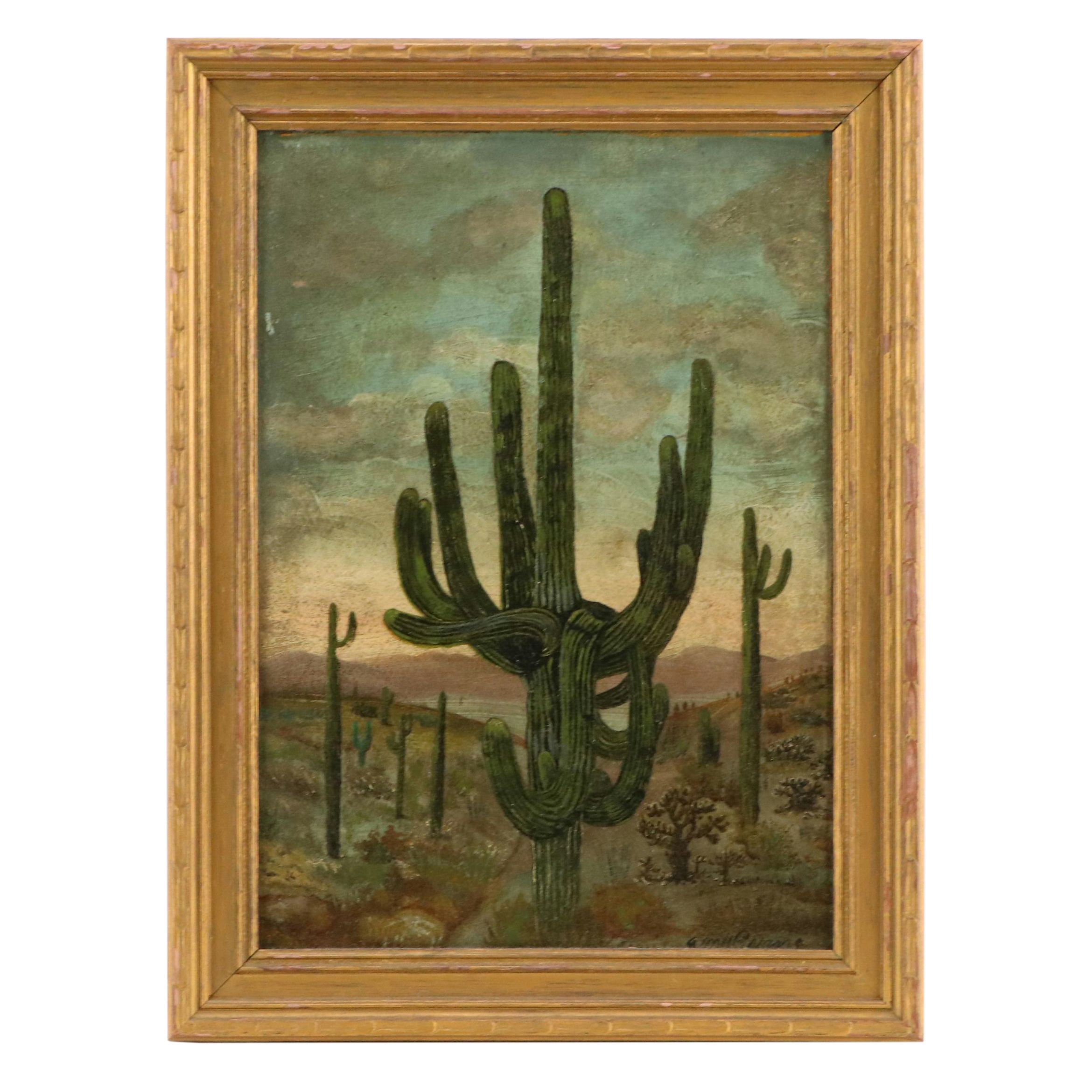 Amy Evans Landscape Oil Painting with Saguaros, Early to Mid-20th ...
