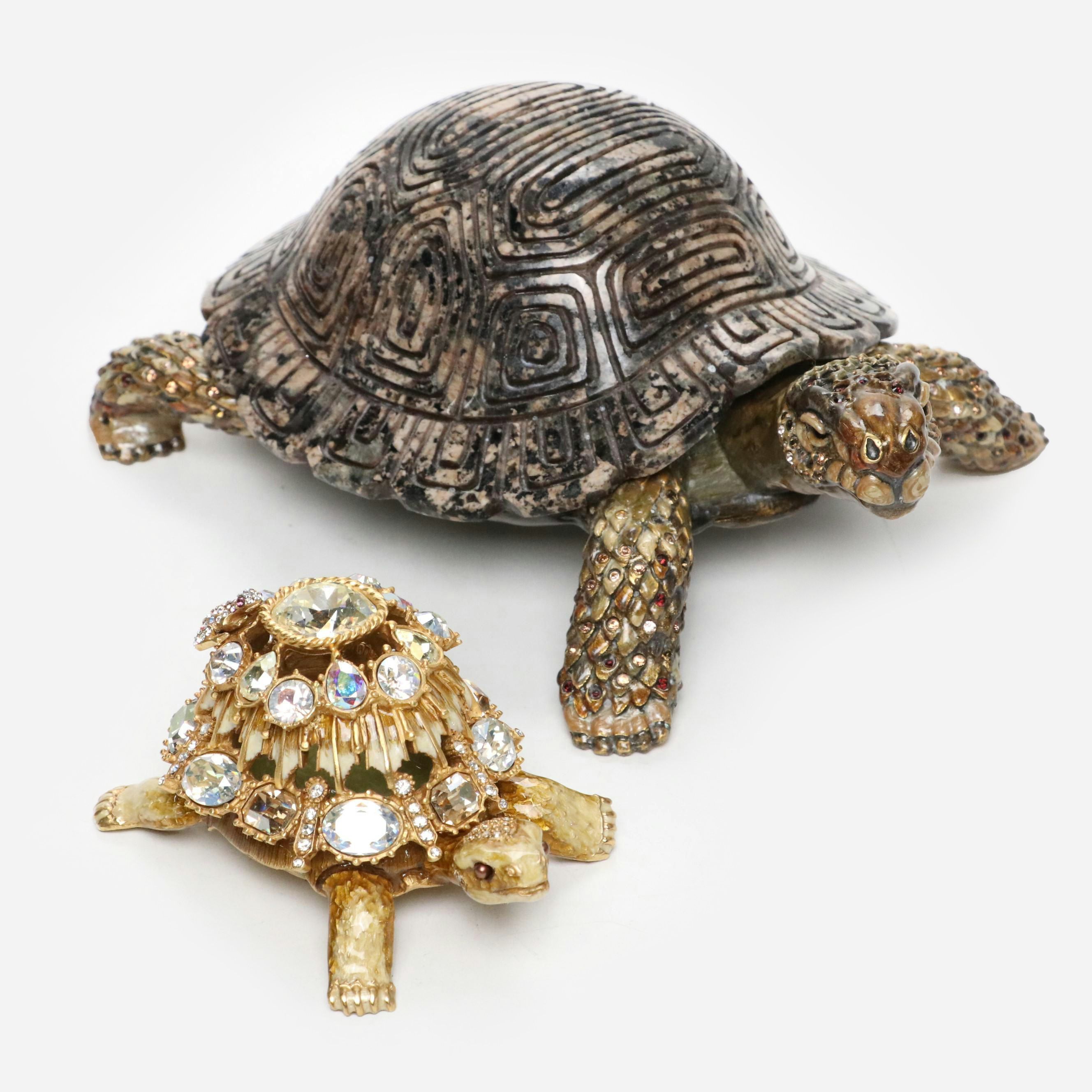 Two Jay Strongwater Enameled Metal Turtle and Tortoise Boxes with ...