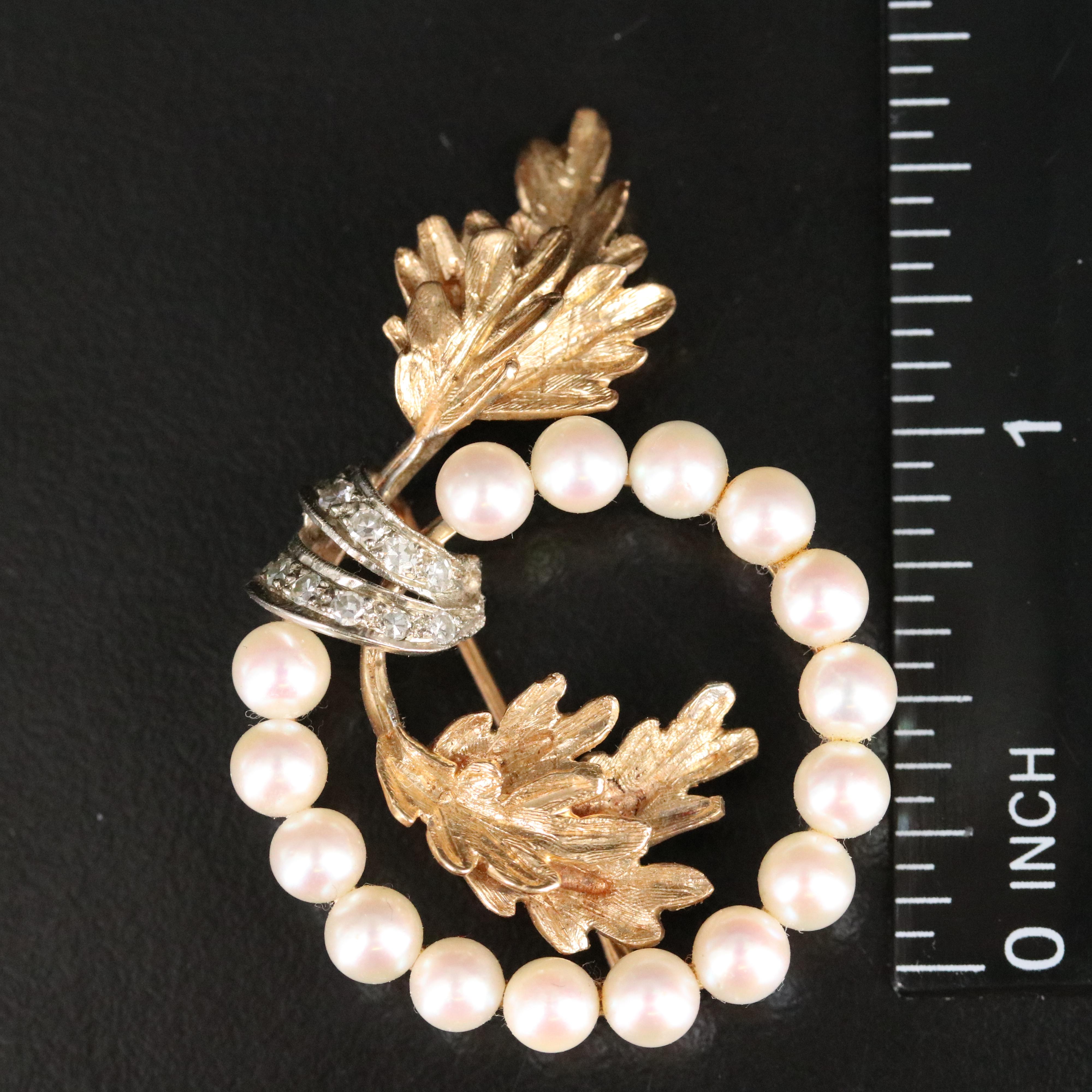 14K Pearl and Diamond Spiral Pin with Oak Leaf Details | EBTH