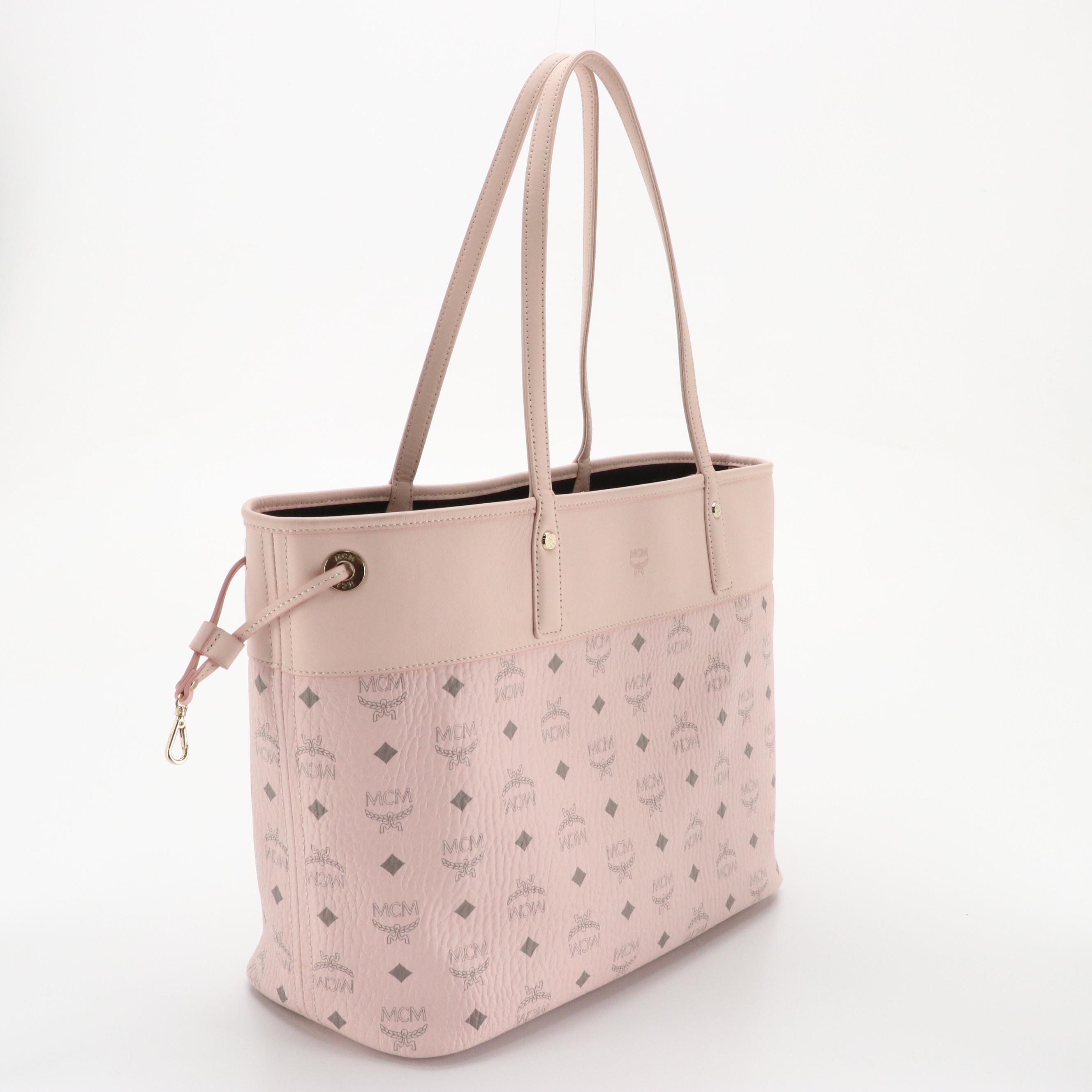 MCM Reversible Aren Medium Tote in Powder Pink Visetos Canvas and Black ...