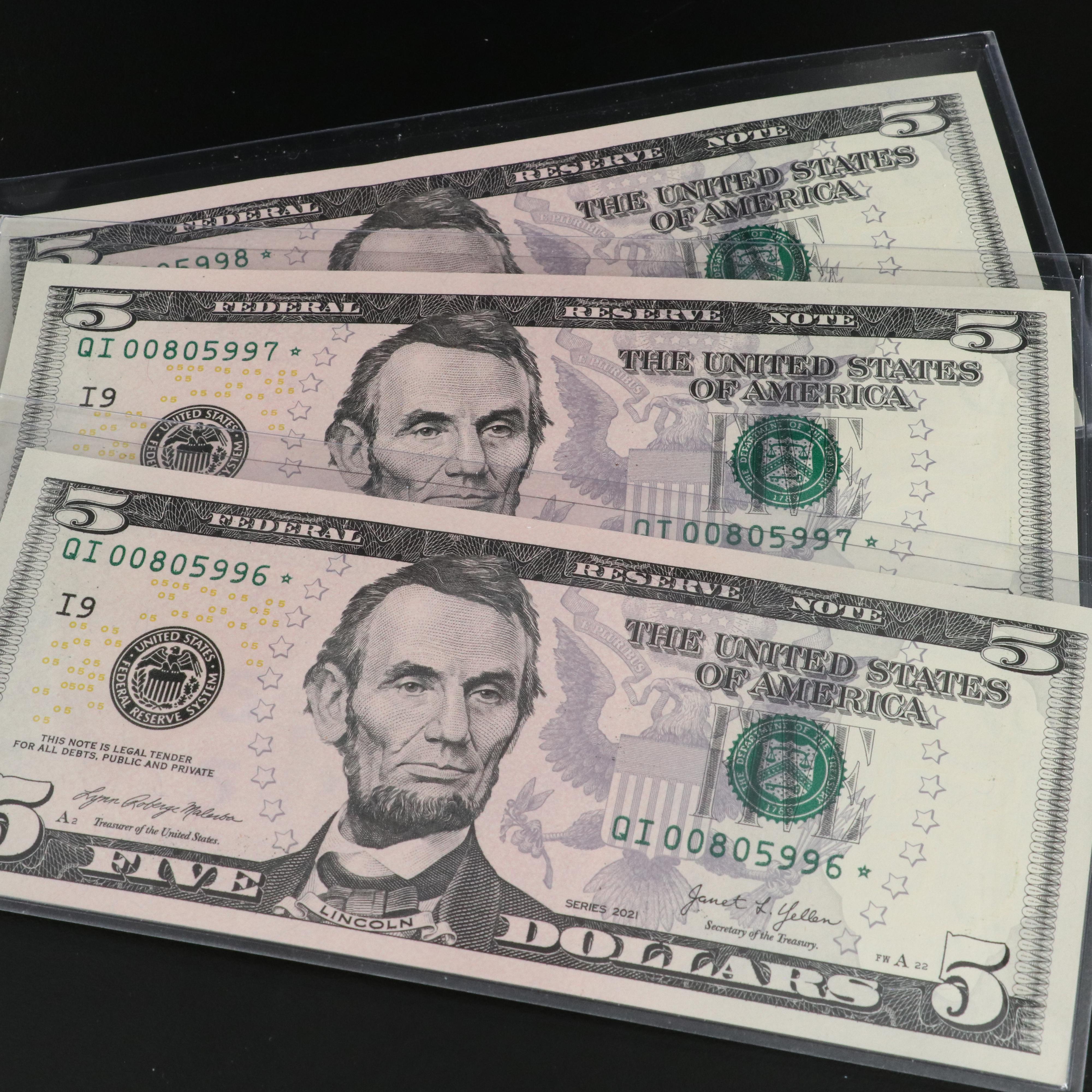 13 Five Dollar Federal Reserve Star Notes with Consecutive Serial ...