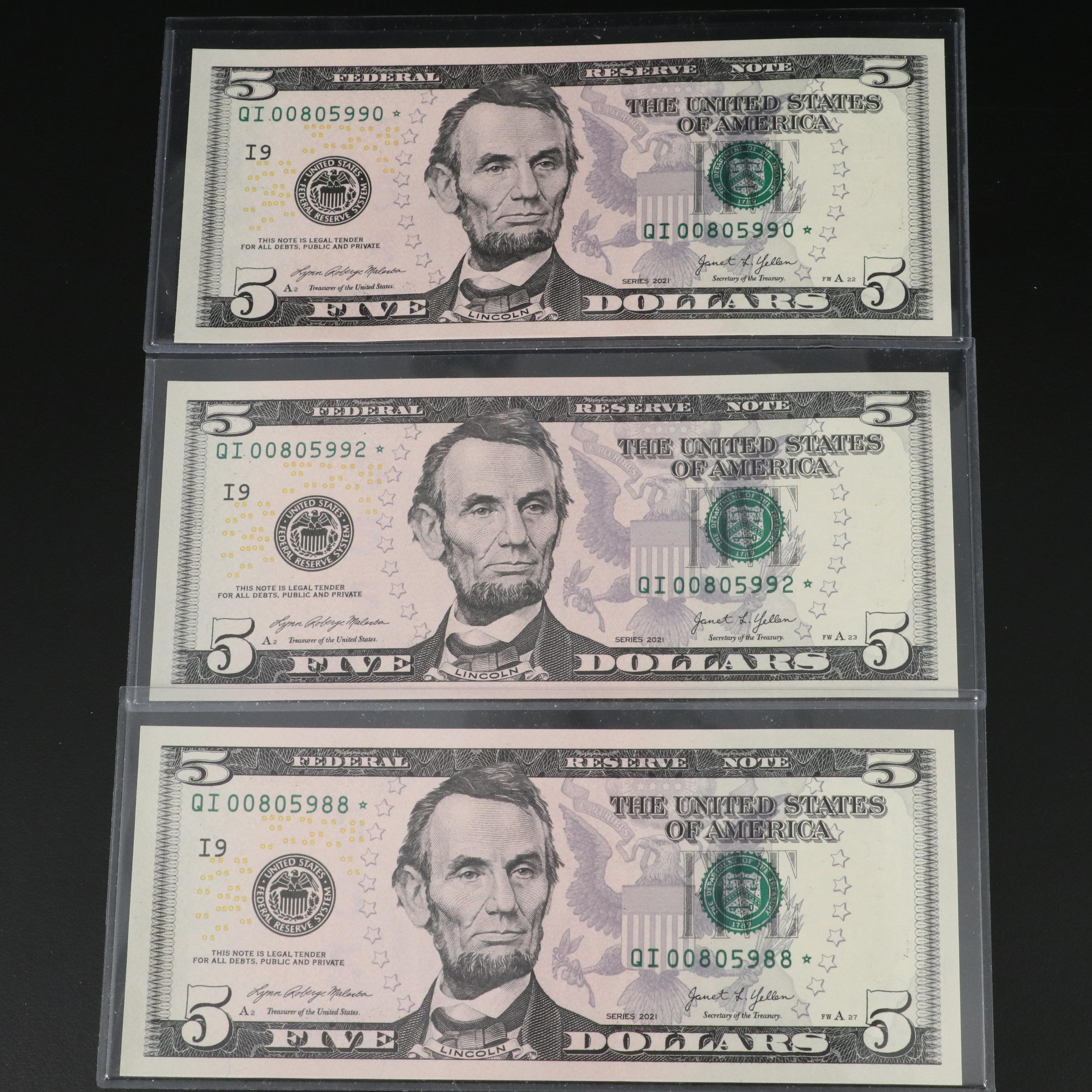 13 Five Dollar Federal Reserve Star Notes with Consecutive Serial ...