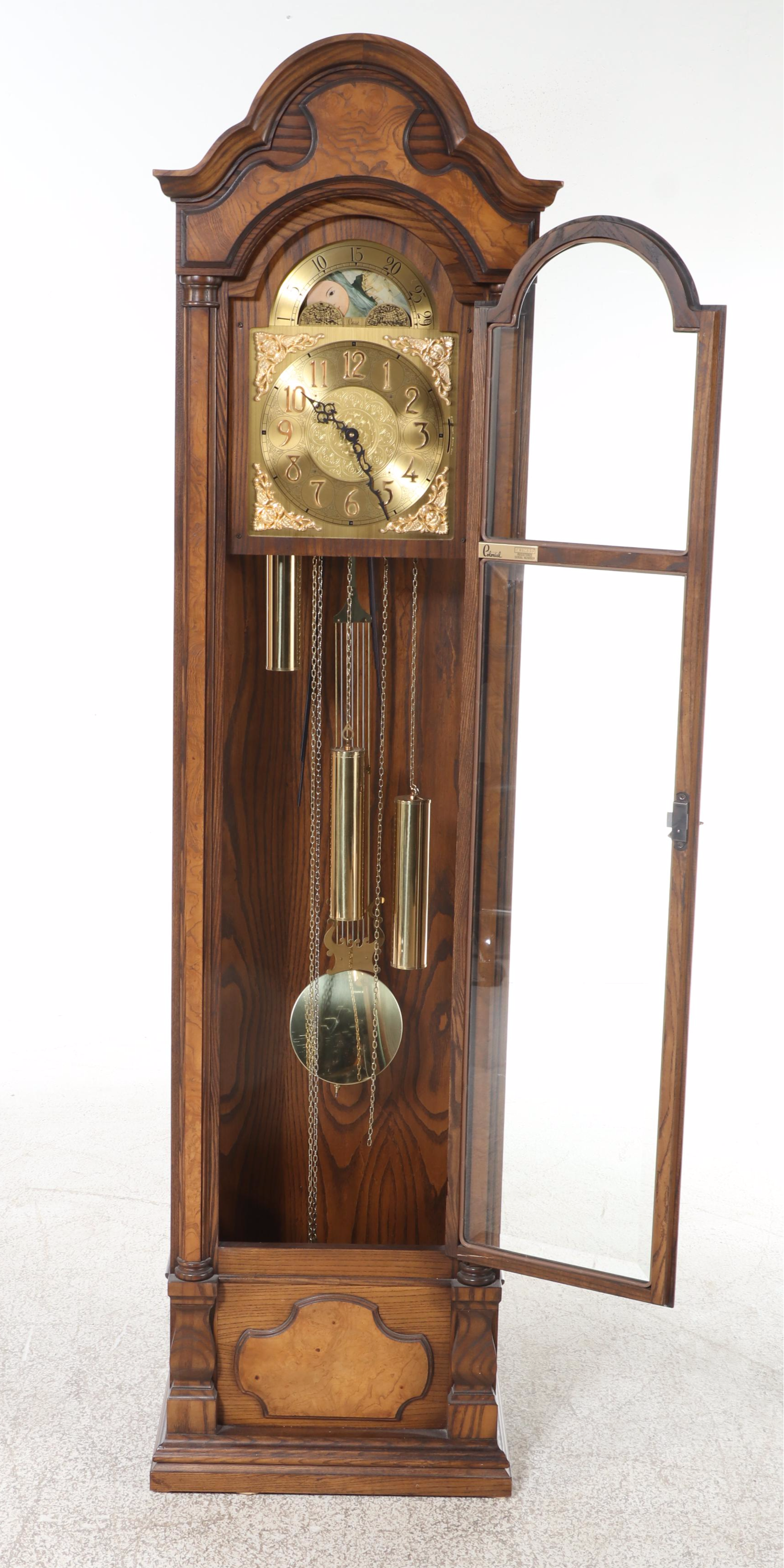 Colonial of Zeeland Ash and Olive Ash Burl Grandfather Clock, Late 20th ...