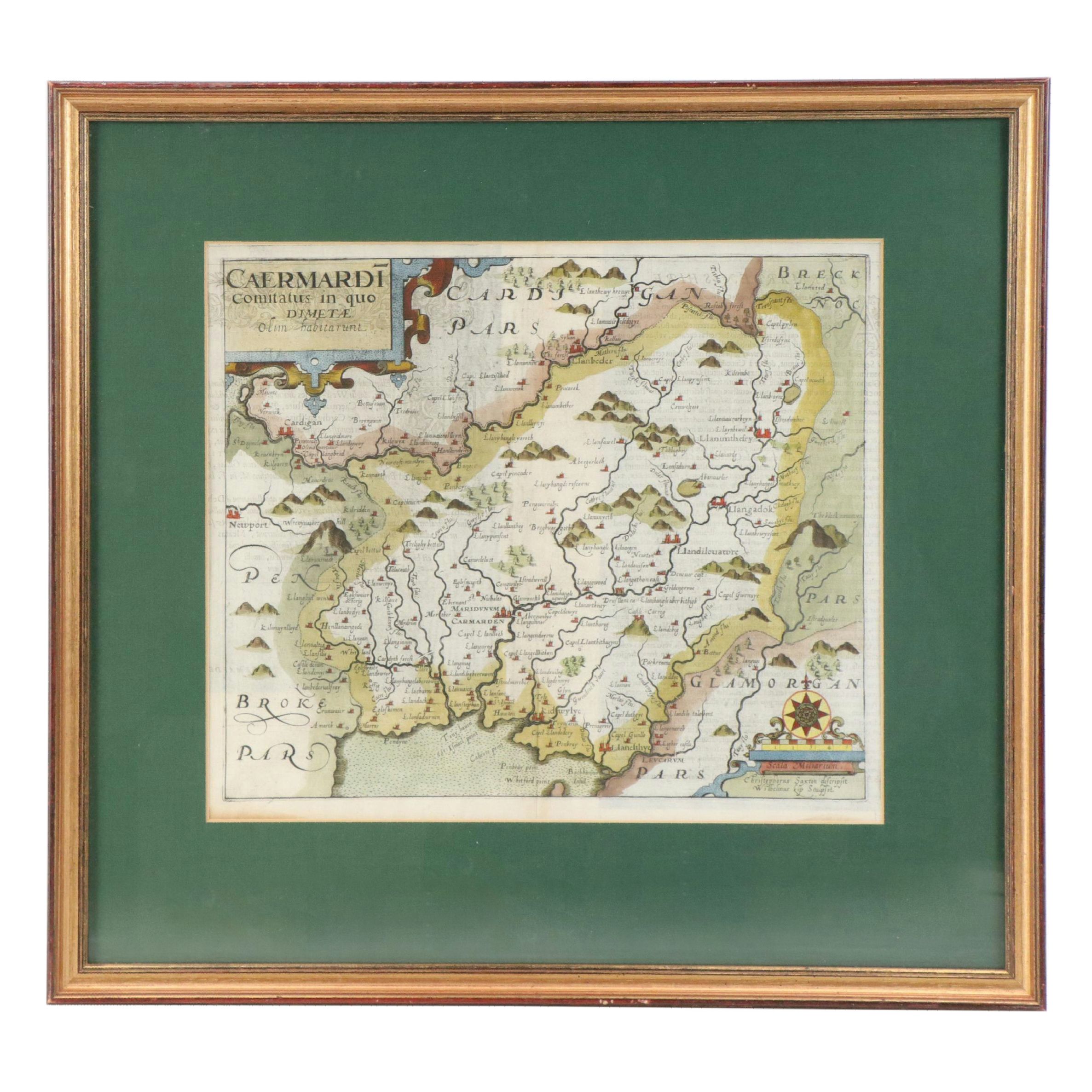 Christopher Saxton Map Engraving "Caermardt: comitatus in quo Dimetæ ...