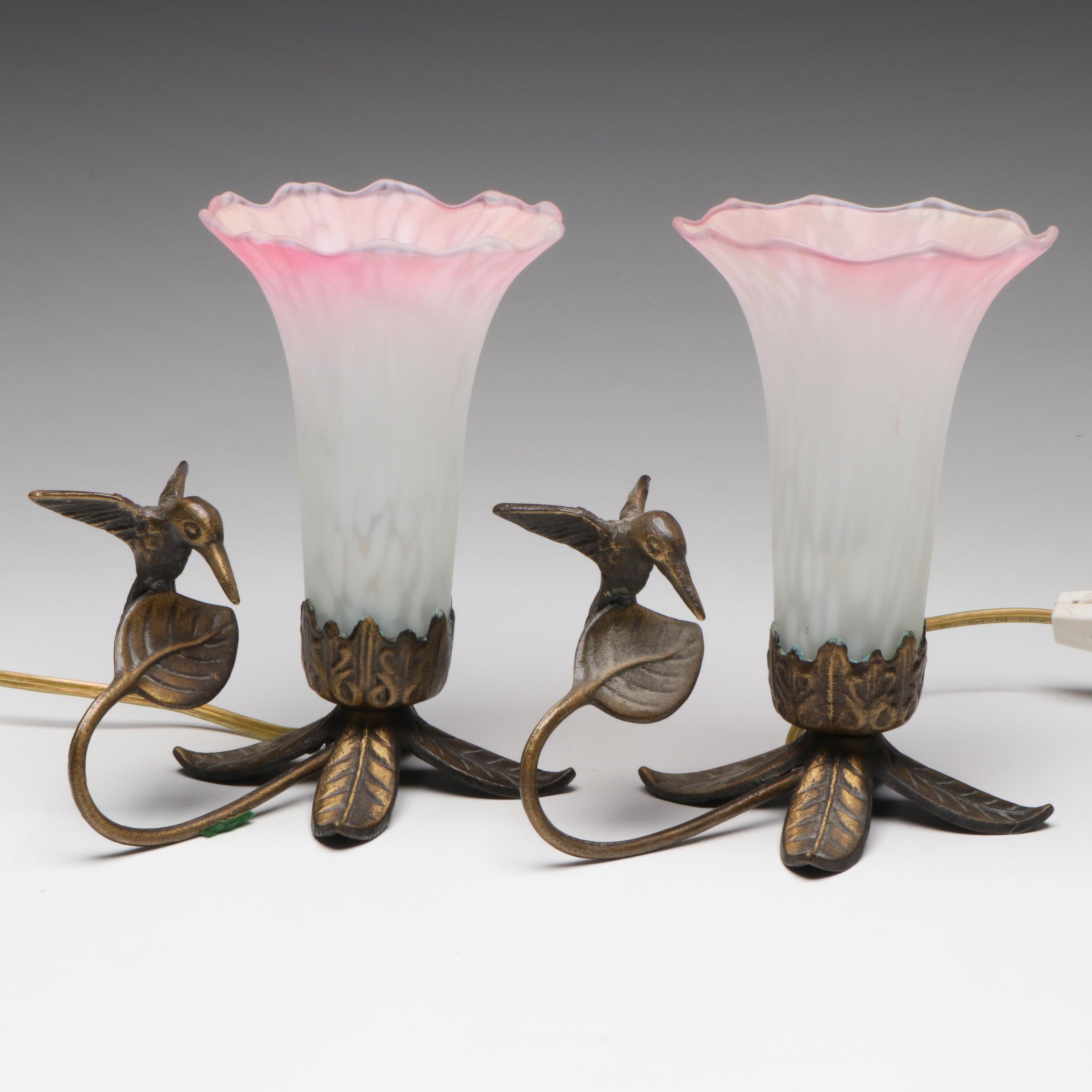 Patinated Brass Hummingbird Table Lamps with Glass Floral Shades | EBTH