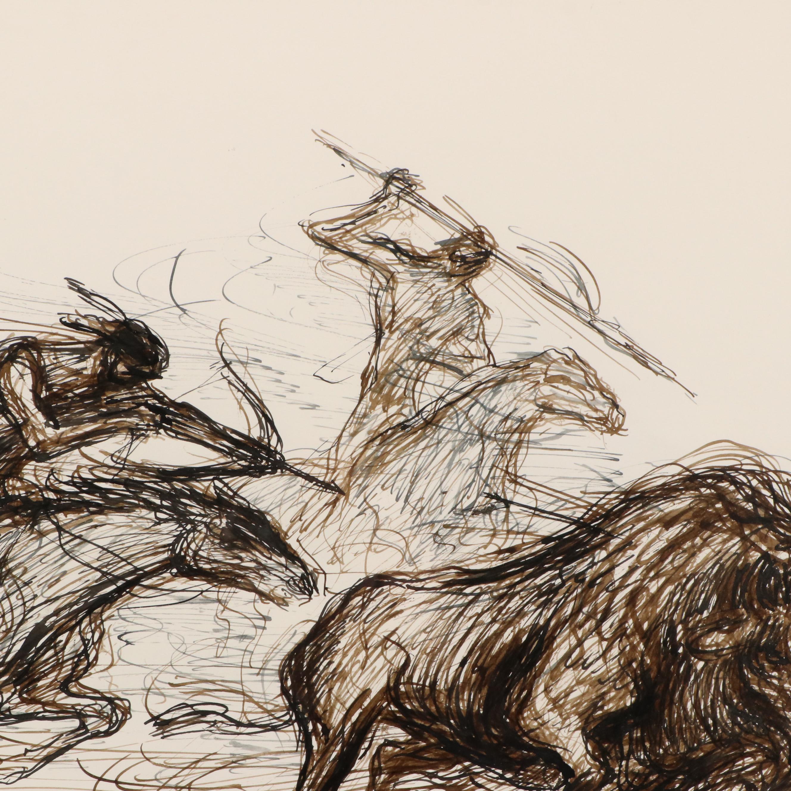 John August Groth Ink Drawing of Buffalo Hunting Scene, 1975 | EBTH