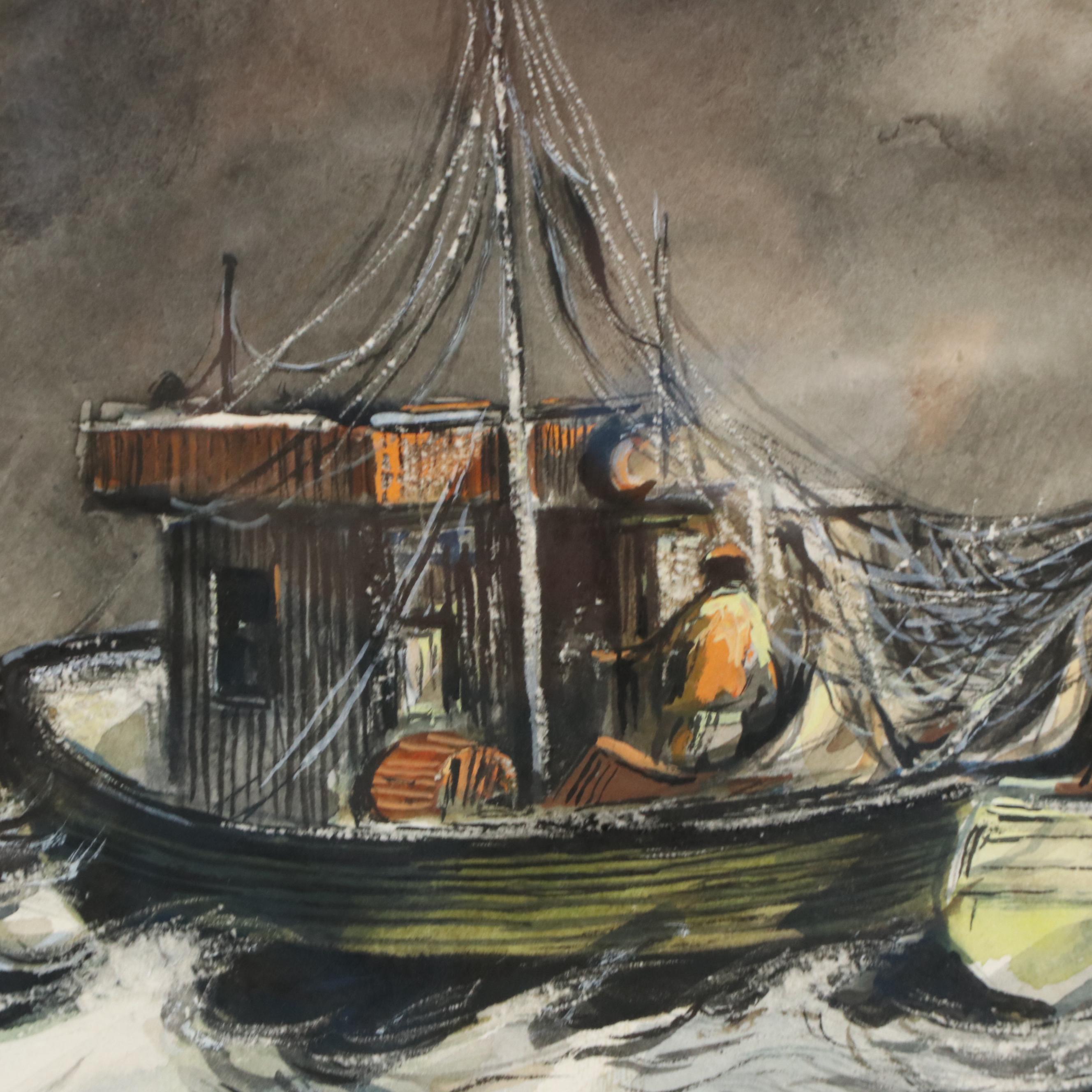 Robert Fabe Nautical Watercolor Painting of Fishing Boat Nearing Shore ...