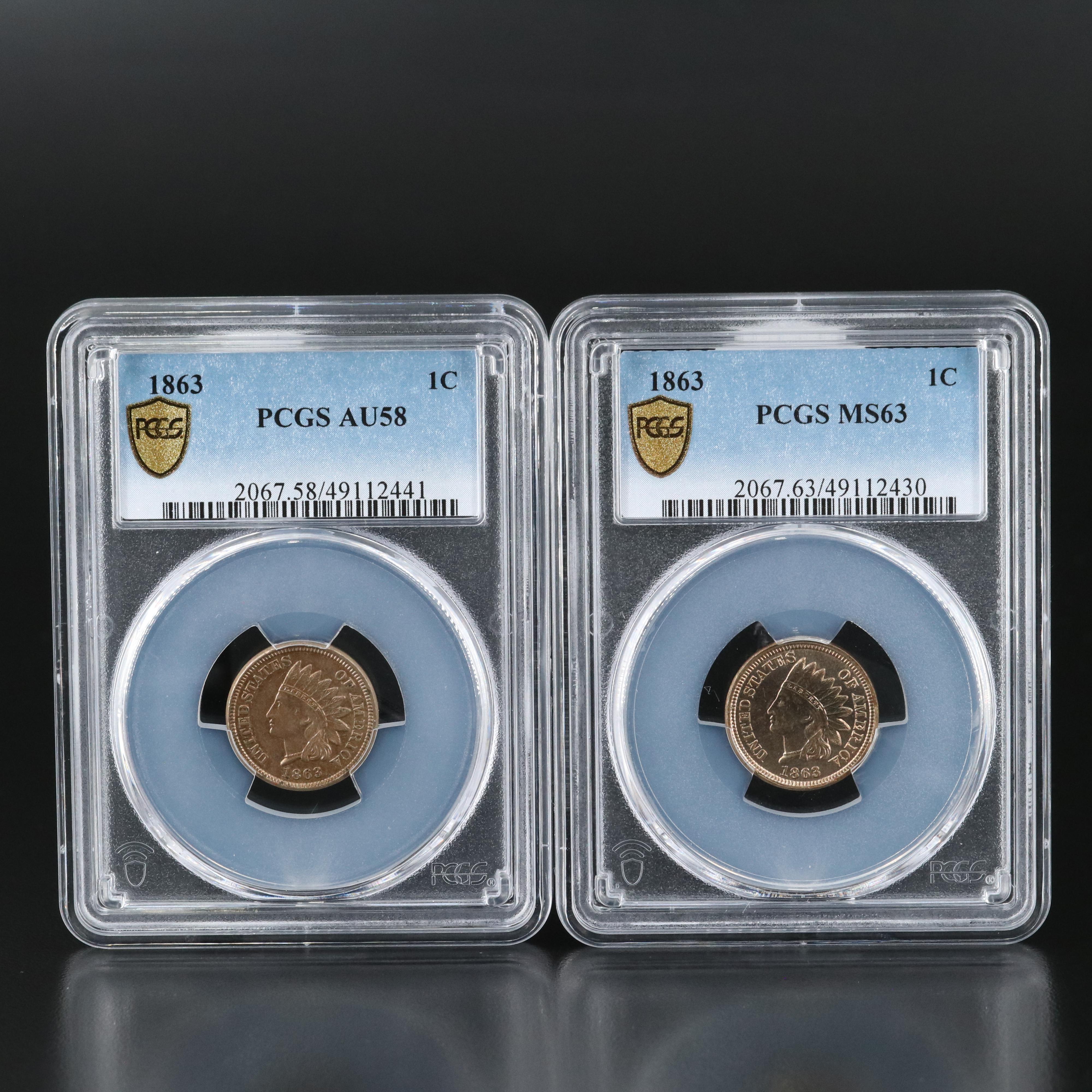 Two PCGS Graded 1863 Copper-Nickel Indian Head Cents, AU58 and MS63 | EBTH