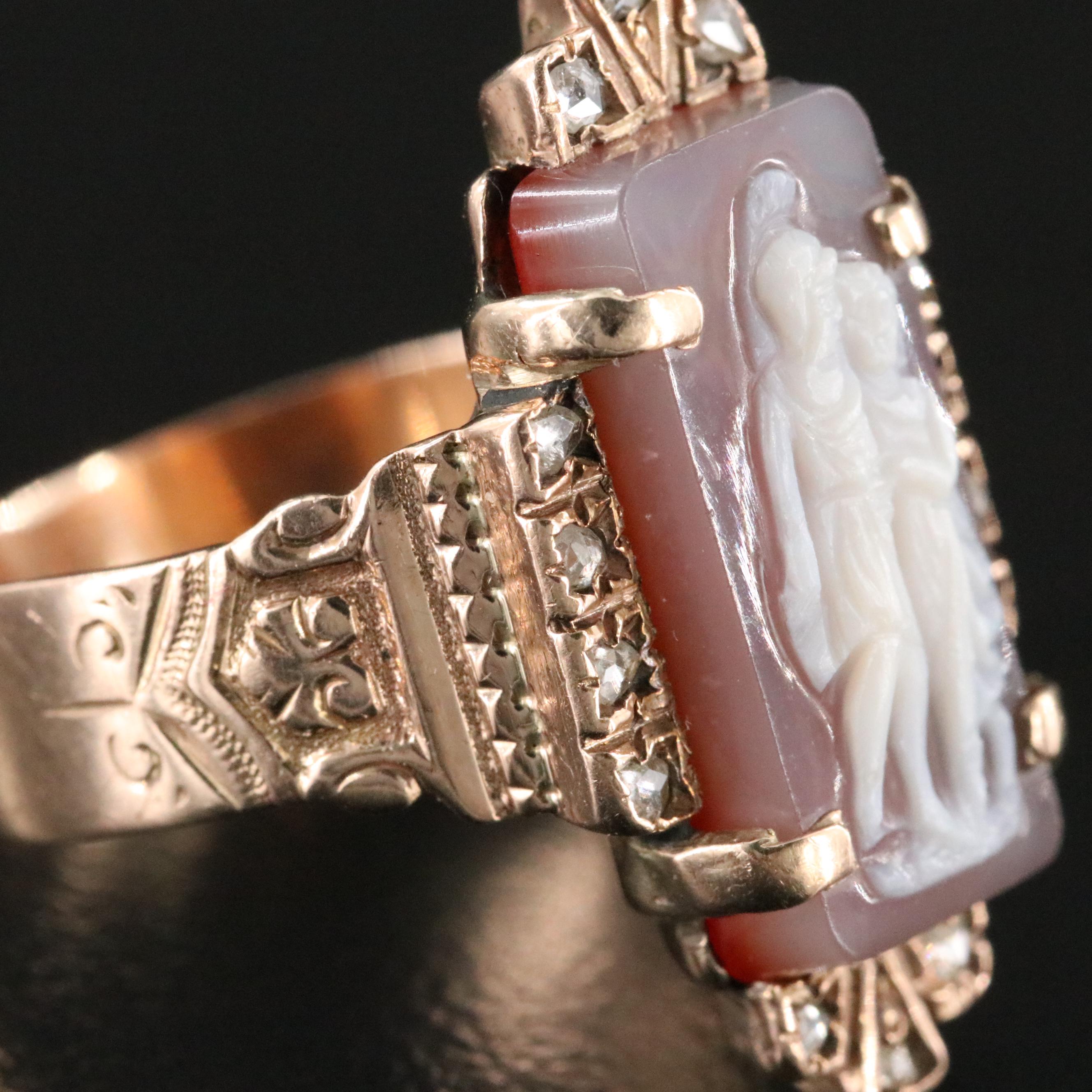 Victorian Greco-Roman Revival 14K Sardonyx and Diamond Ares & Aphrodite Ring | EBTH