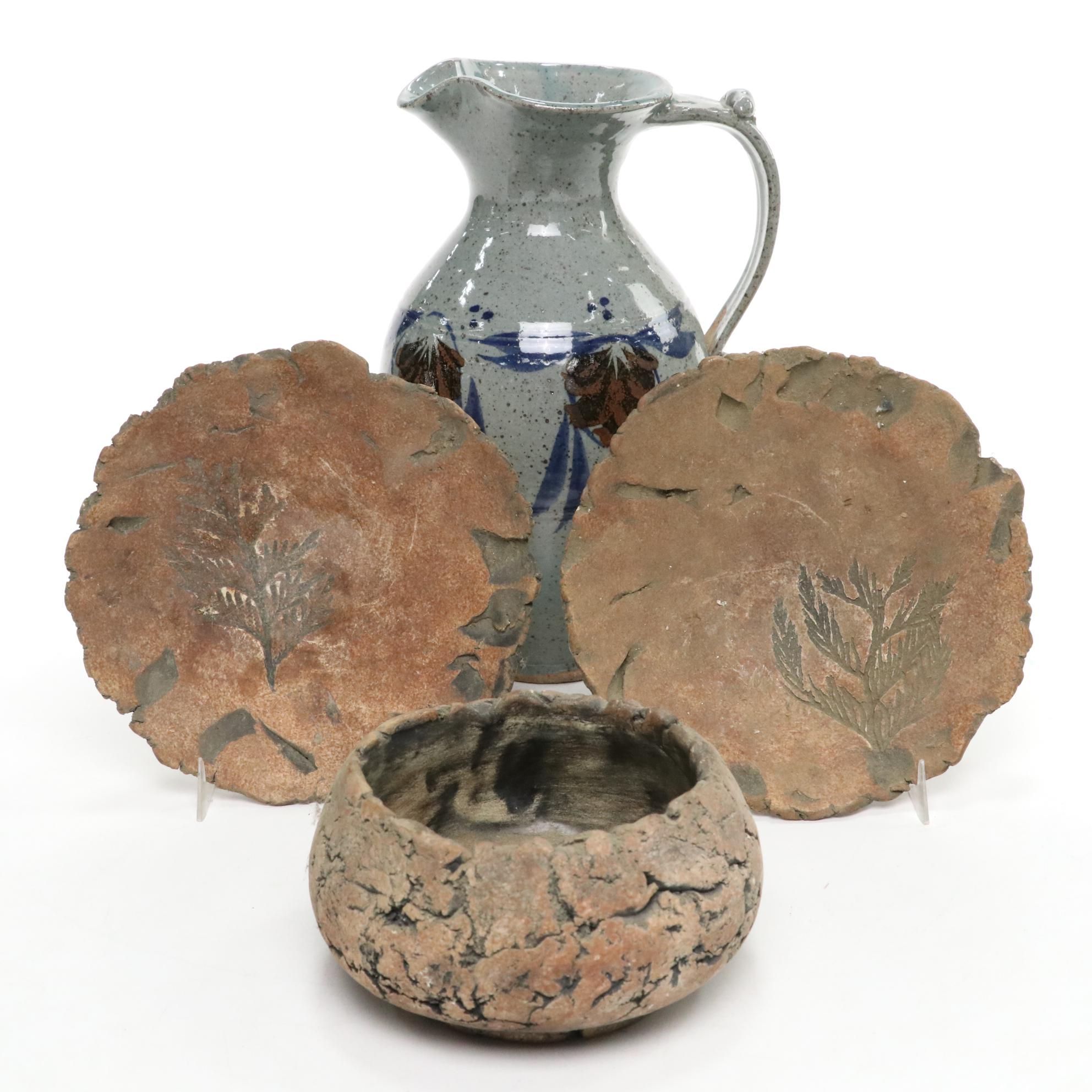 Studio Art Pottery Pitcher and Stan Langtwait Organic Bowls with Leaf ...