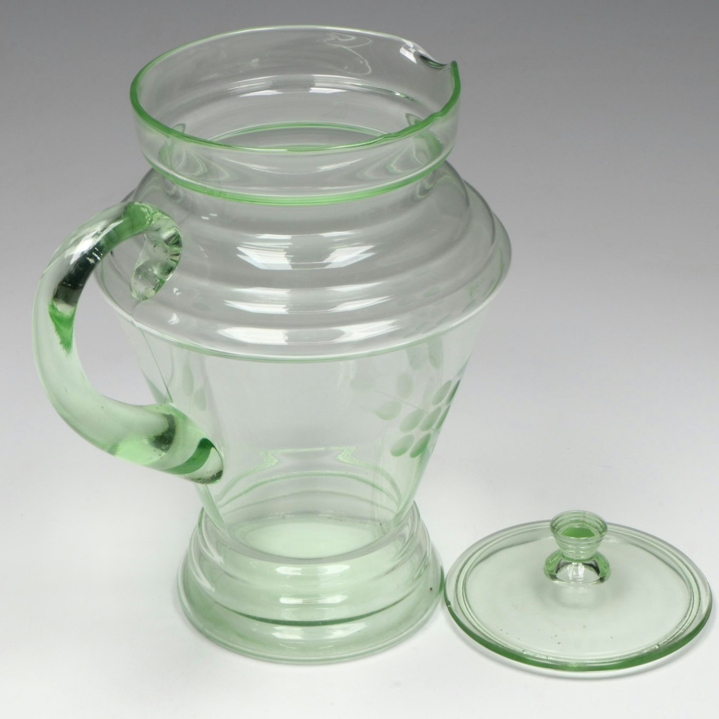 Etched Glass Pitcher With Tumblers And Other Uranium Glass Serving