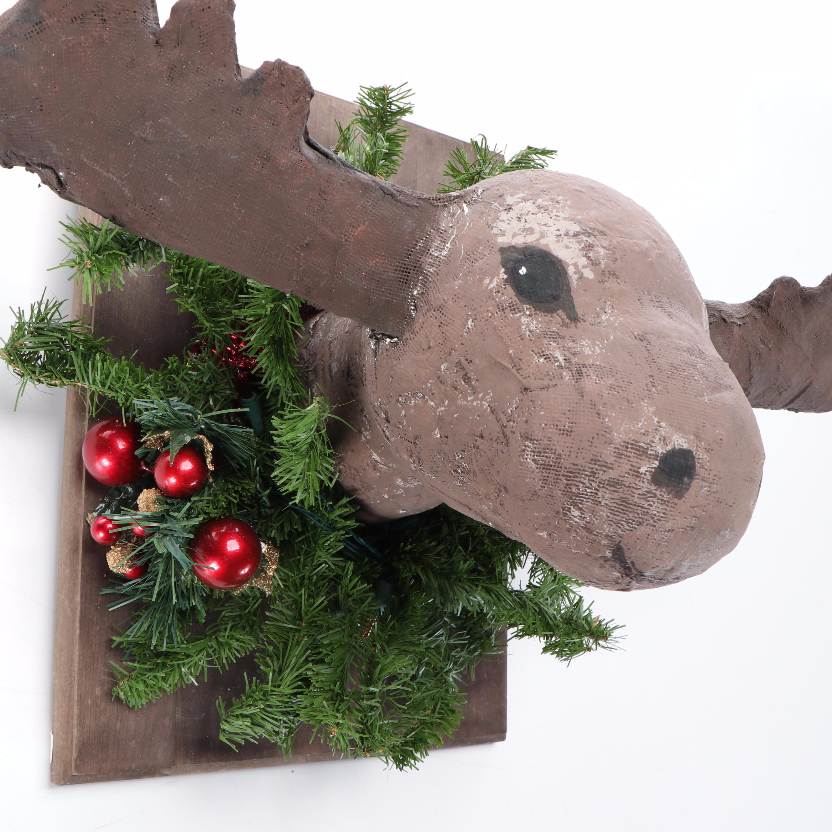 Papier-Mâché Wall Hanging Moose Bust with Wreath and More Christmas ...