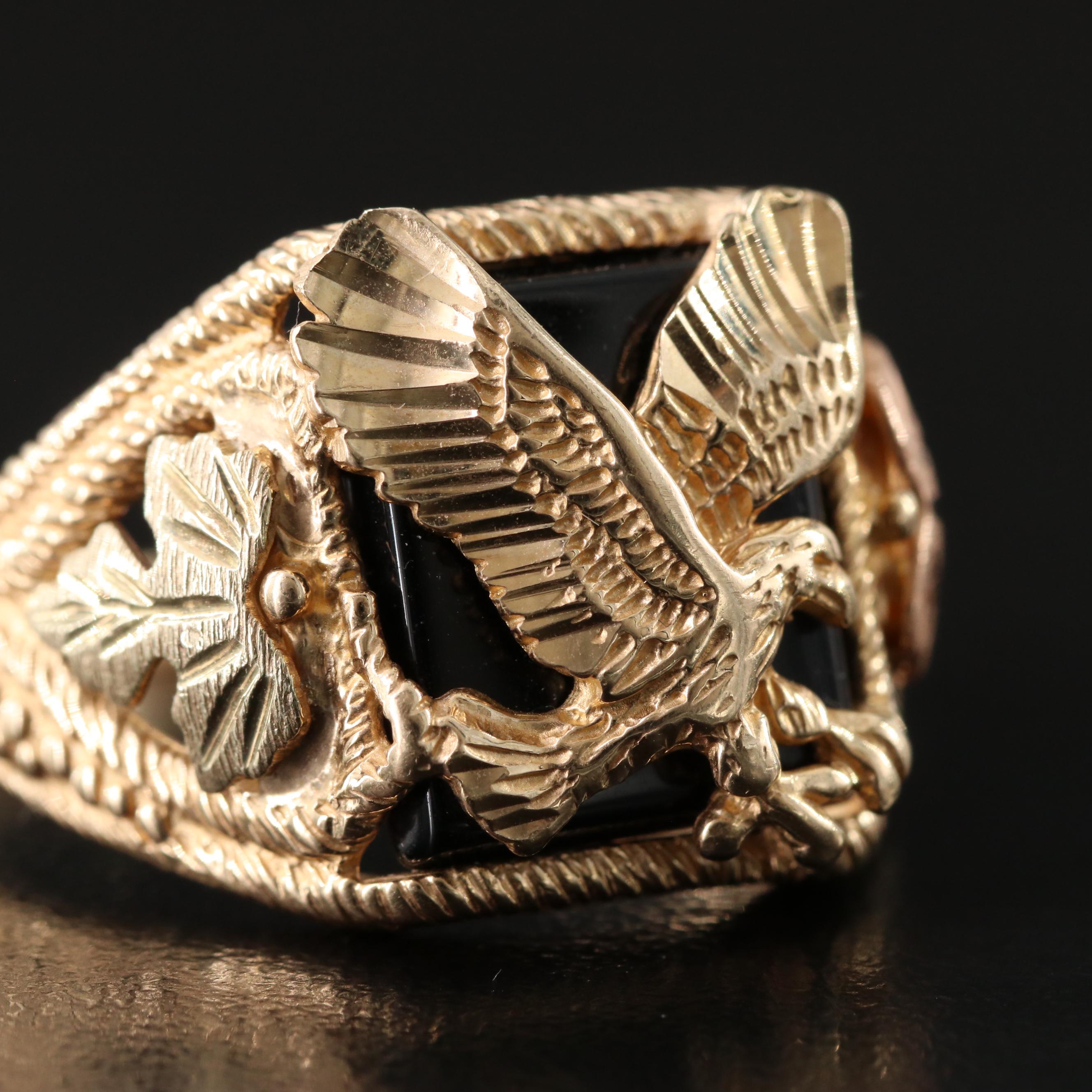 10K Black Onyx Tri-Color Black Hills Gold Eagle Ring | EBTH