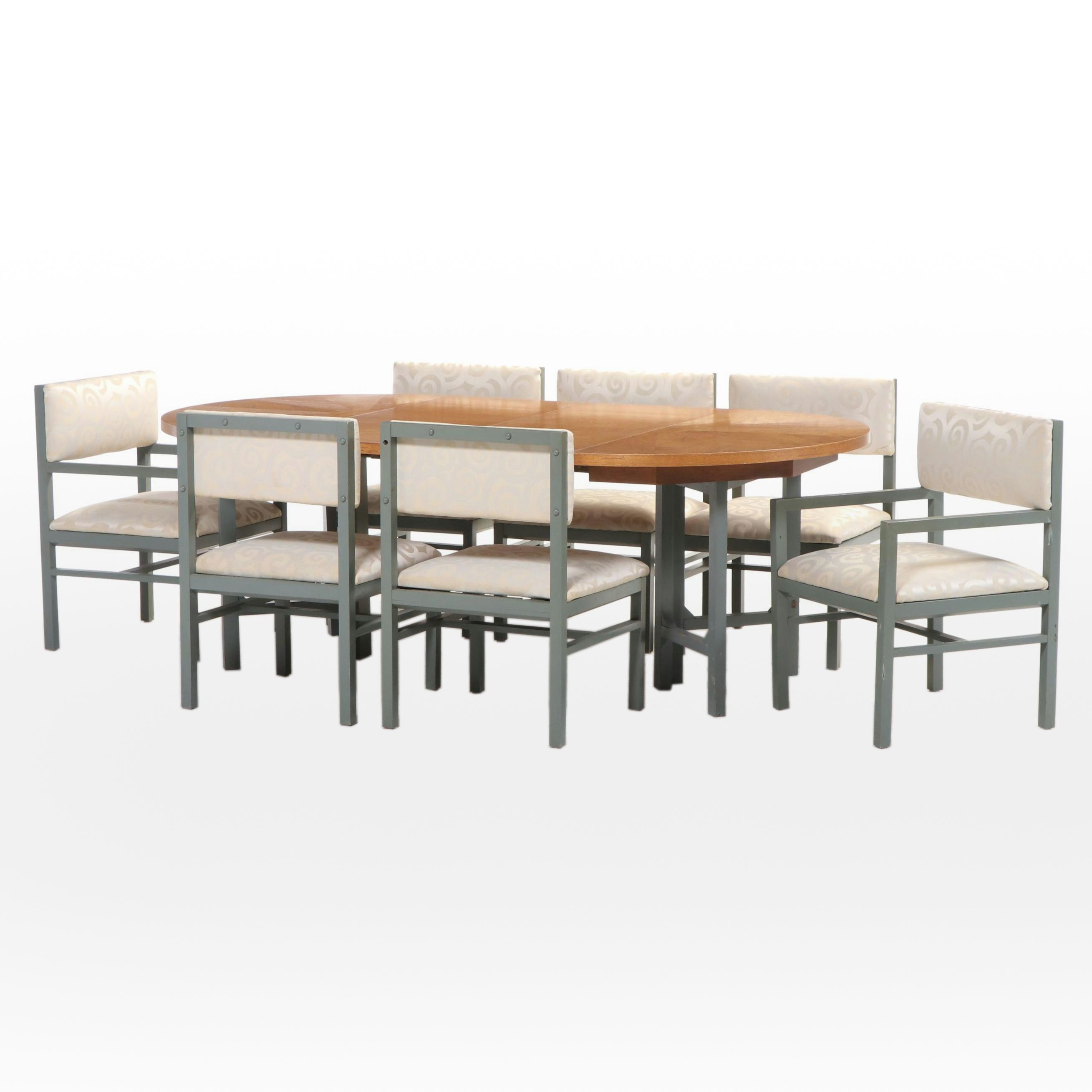 Modernist Style Oak and Metal Dining Table and Seven Chairs | EBTH